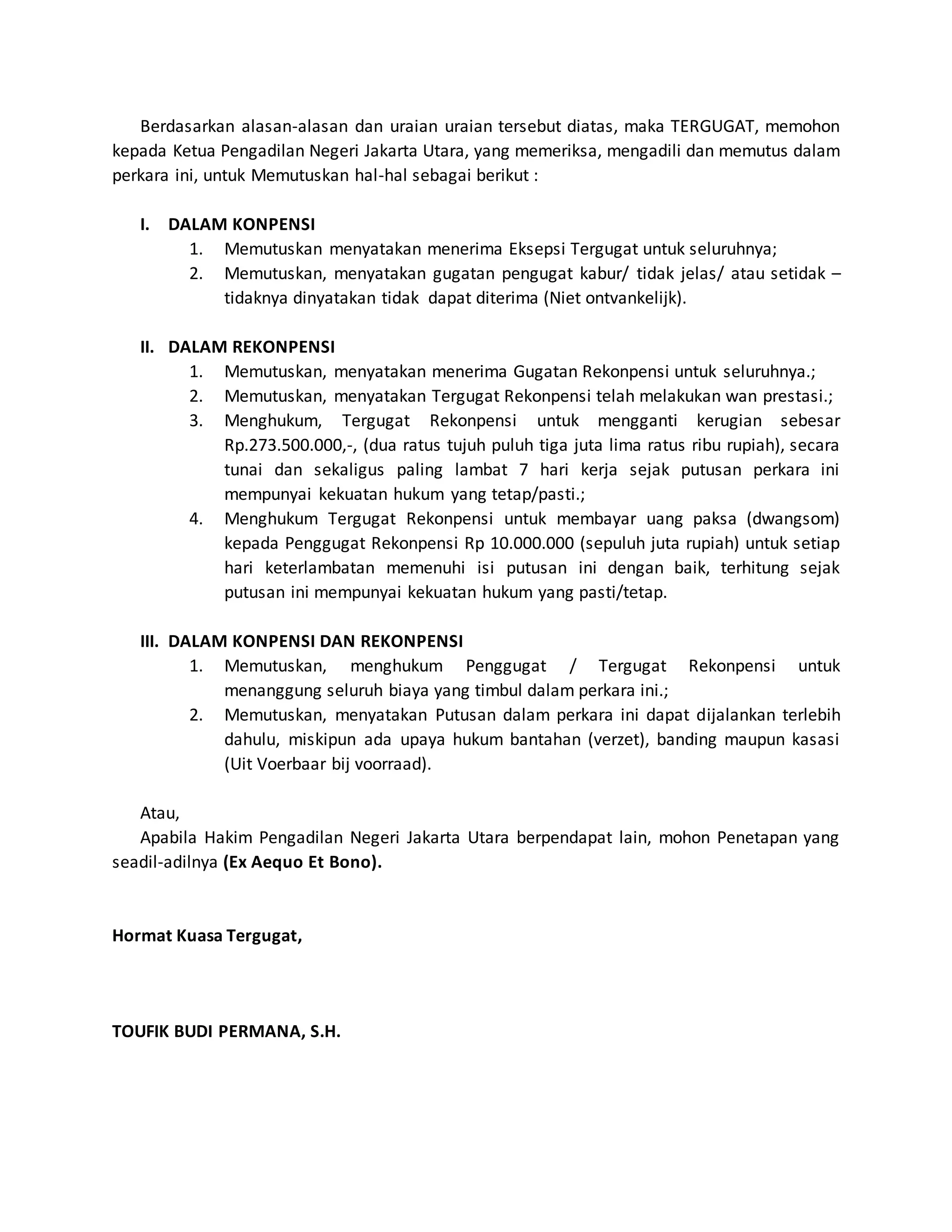 Contoh duplik tergugat (peradilan semu) | DOCX