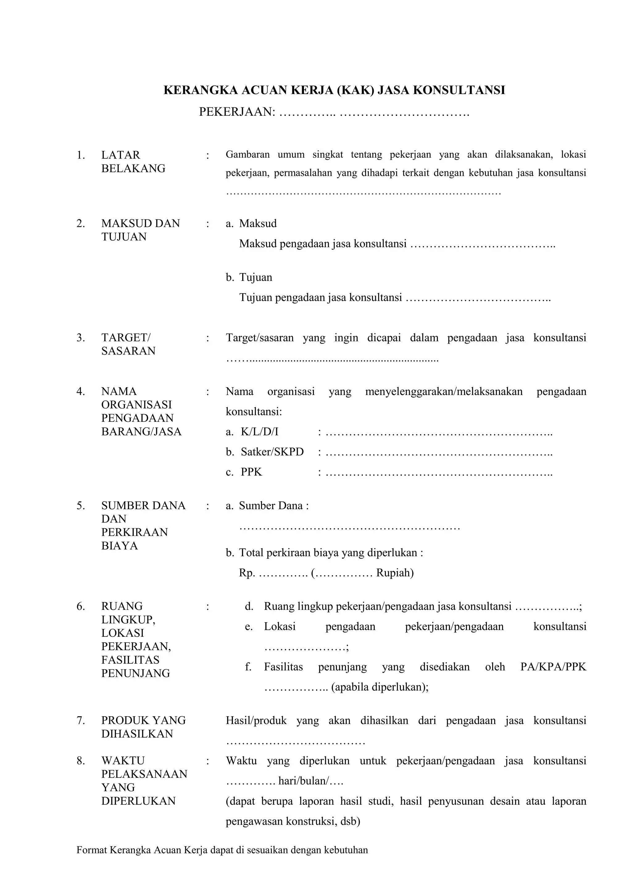 Contoh Format dan contoh KAK Kerangka Acuan Kerja | DOC
