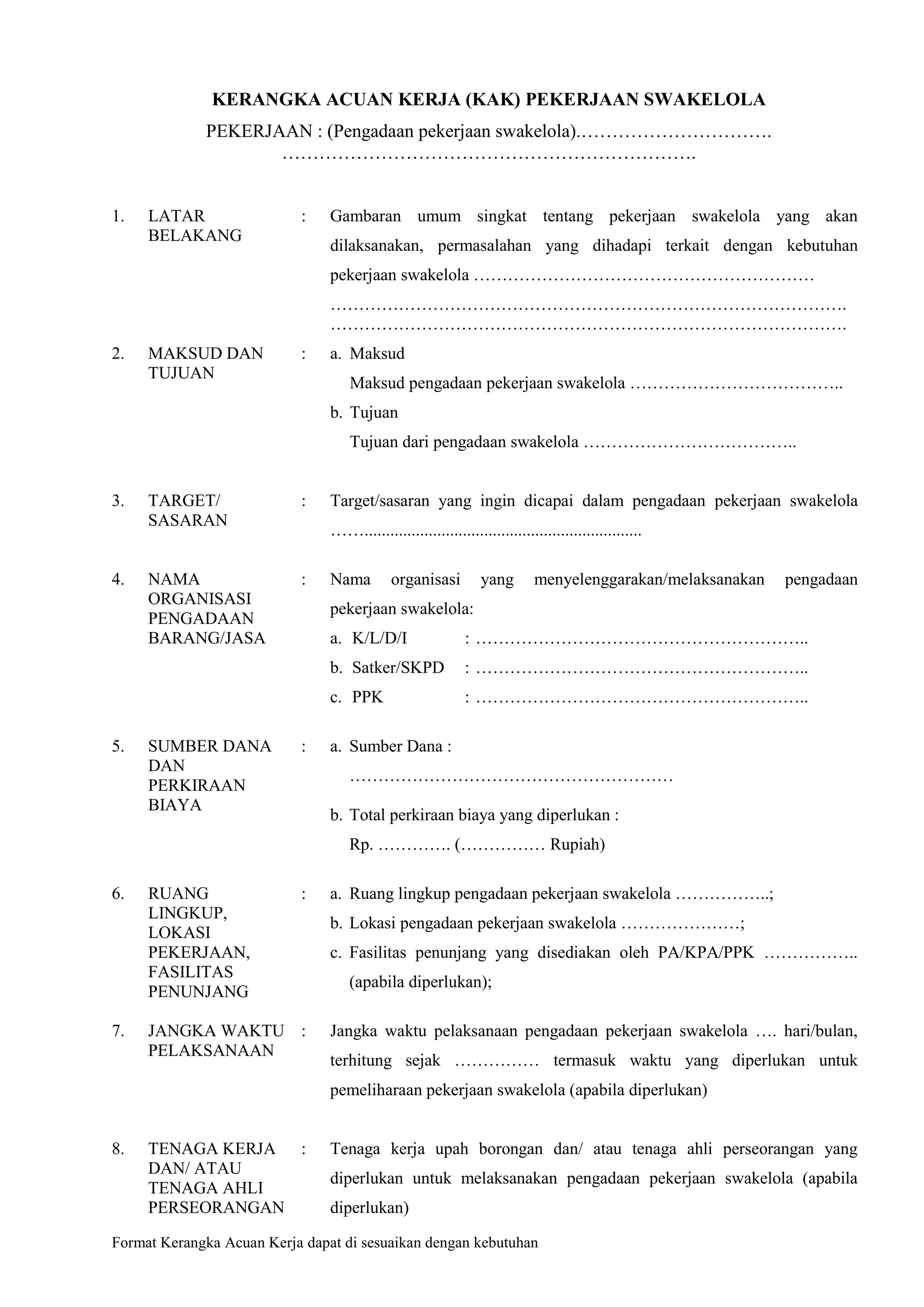 Contoh Format dan contoh KAK Kerangka Acuan Kerja | DOC