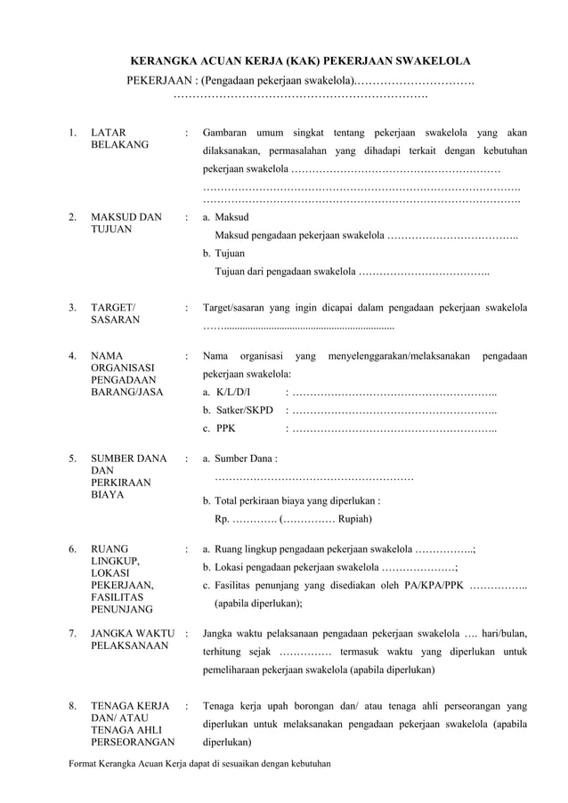 Contoh Format dan contoh KAK Kerangka Acuan Kerja | DOC