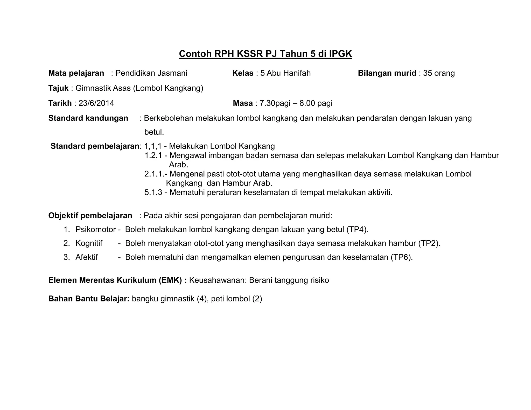 Contoh format rph_kssr_pj_tahun_5_ms_1 | DOCX