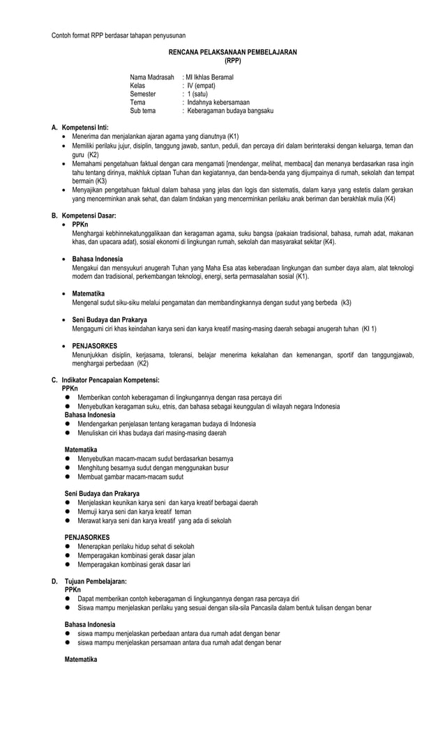 Contoh format RPP berdasar tahapan penyusunan | PDF