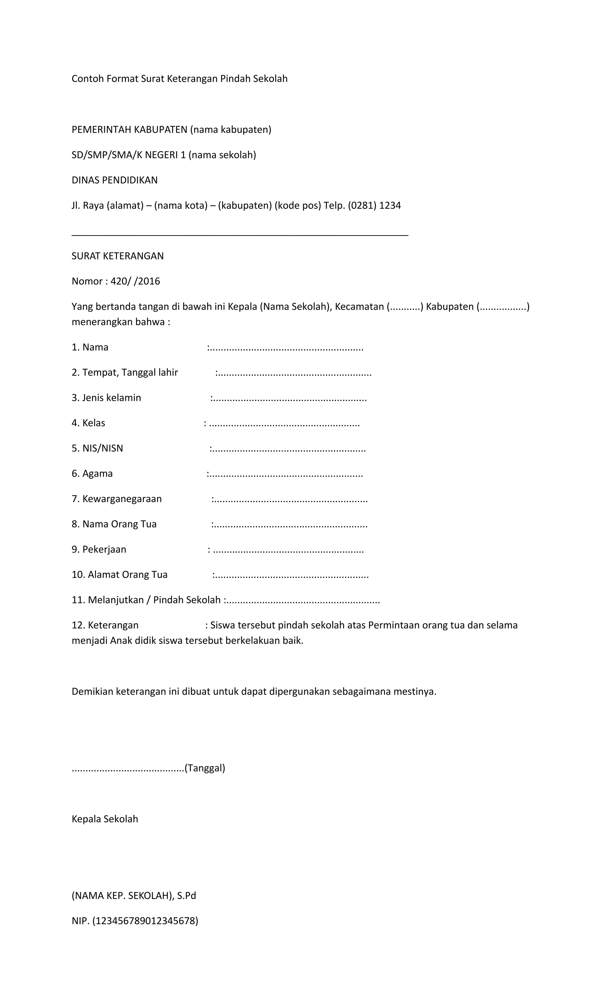 Contoh format Surat Keterangan Pindah Sekolah | PDF