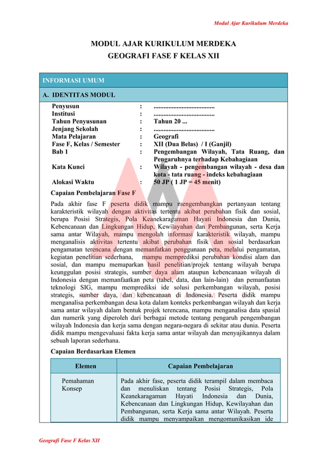 Modul Ajar Geografi Kelas 12 Kurikulum Merdeka | PDF