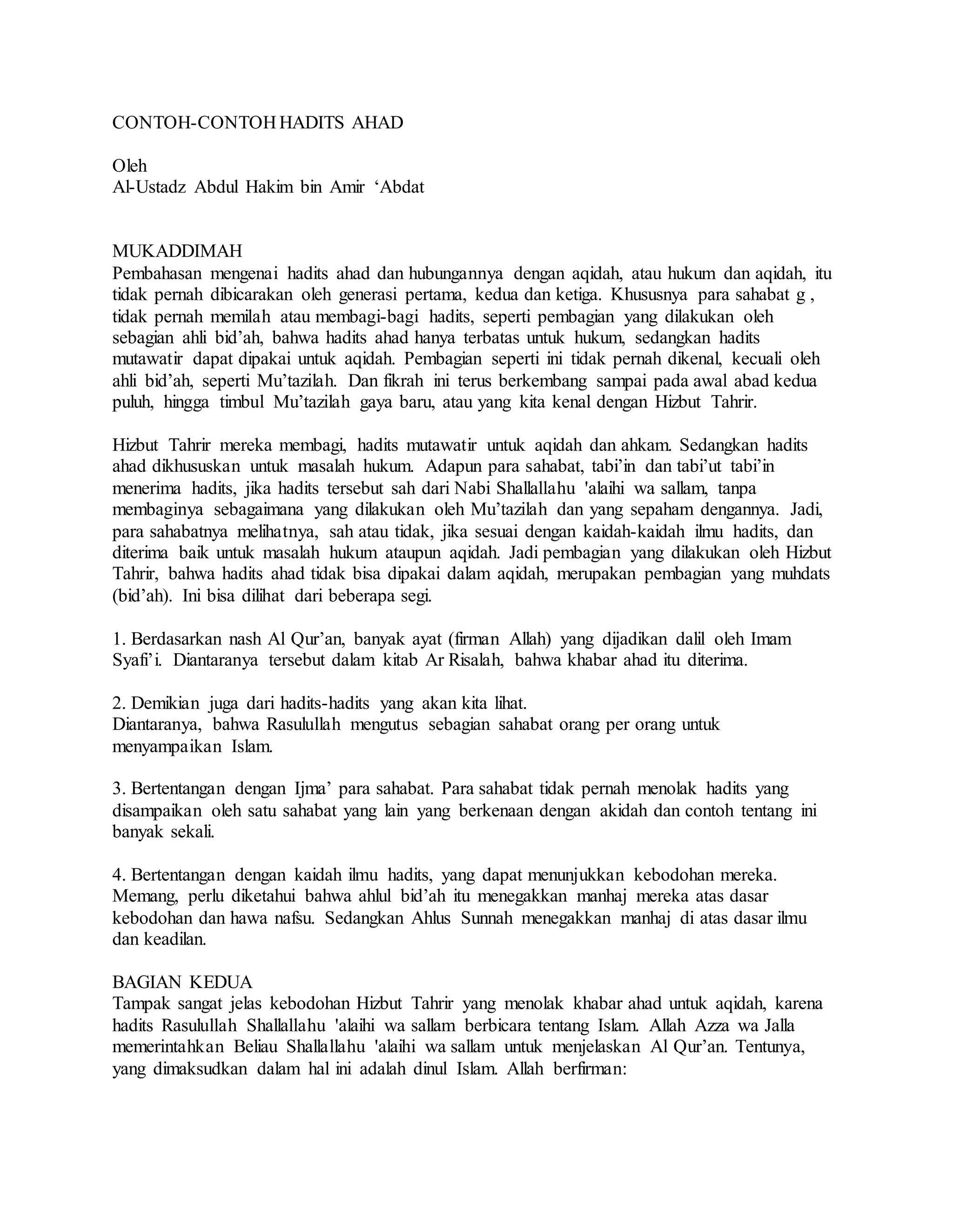 Contoh hadis ahad | DOCX
