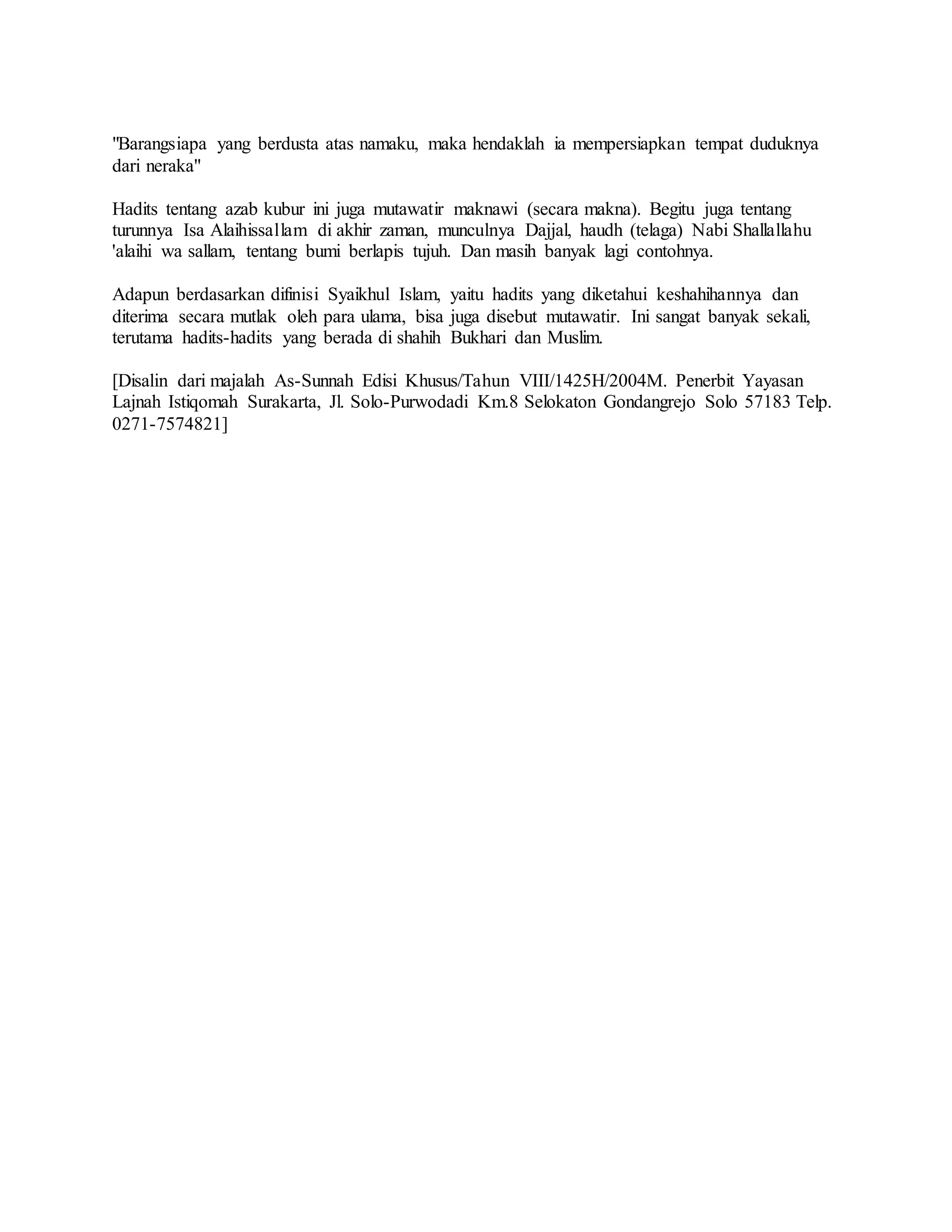 Contoh hadis ahad | DOCX