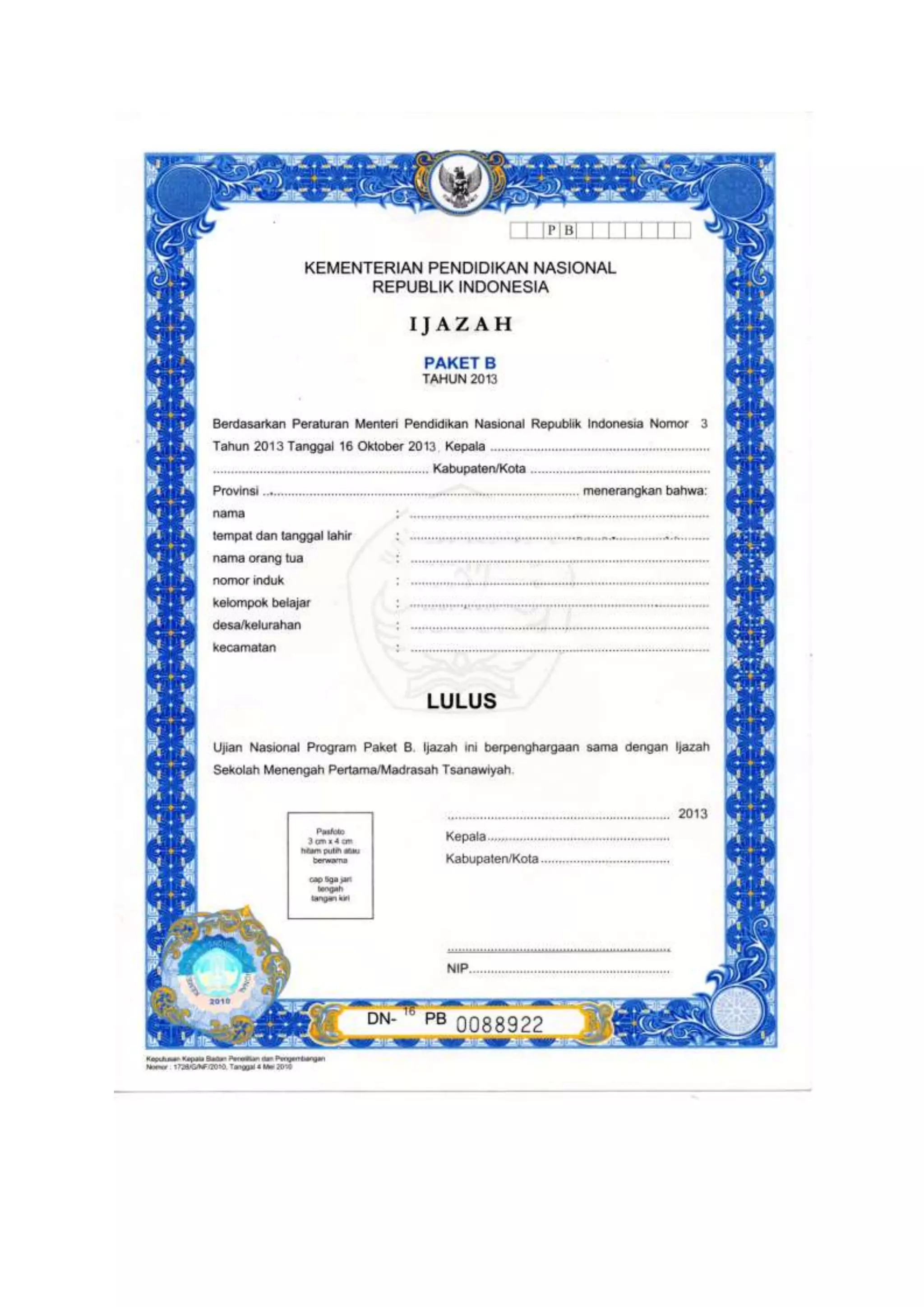 Contoh ijazah paket b | DOCX