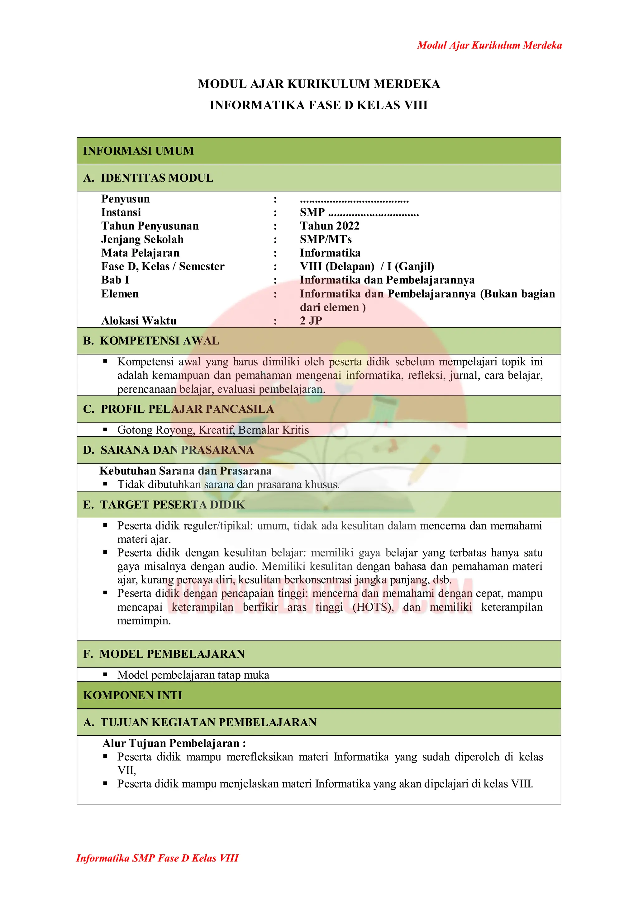 Modul Ajar Informatika Kelas 8 Kurikulum Merdeka | PDF
