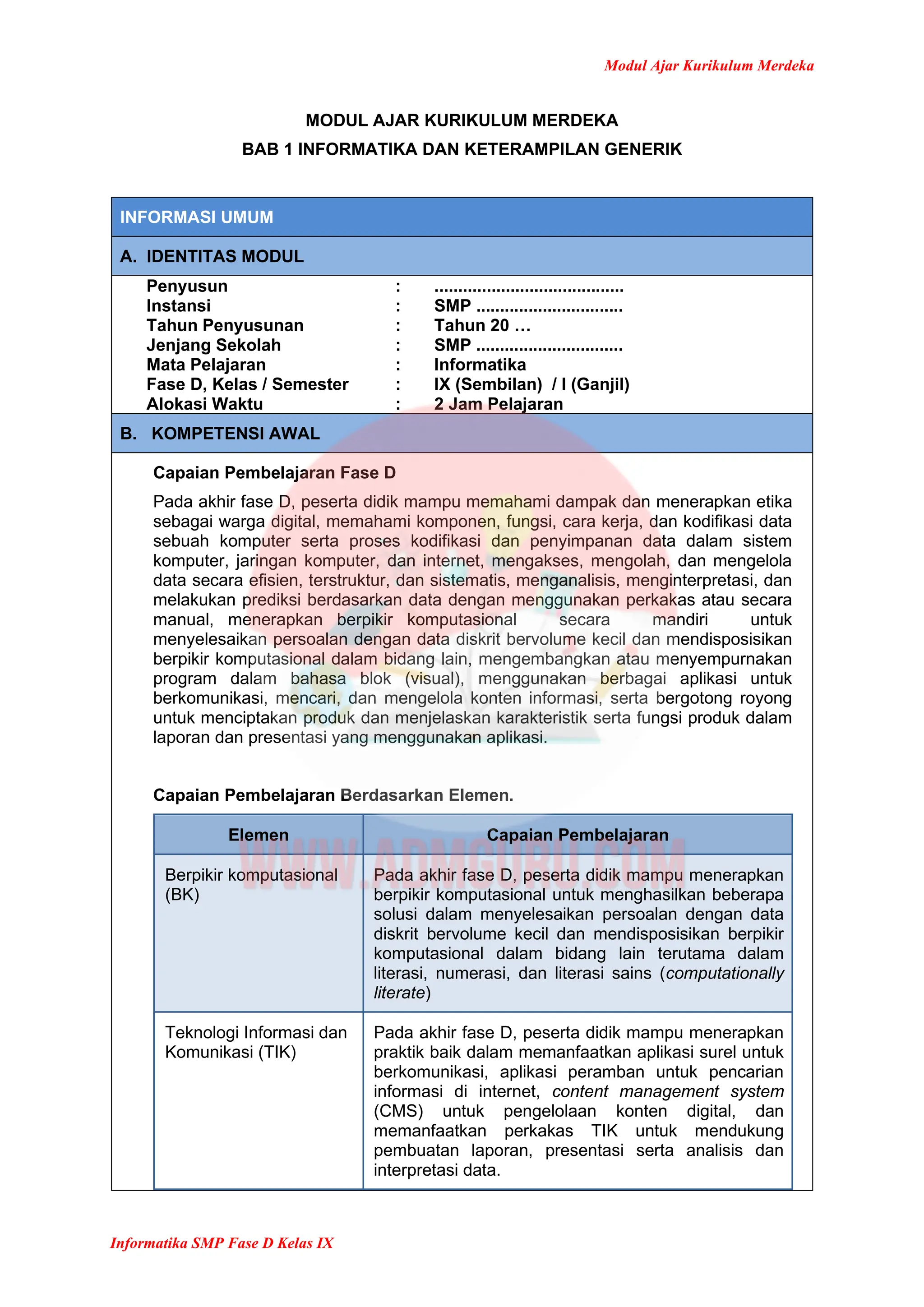 Modul Ajar Informatika Kelas 9 Kurikulum Merdeka | PDF