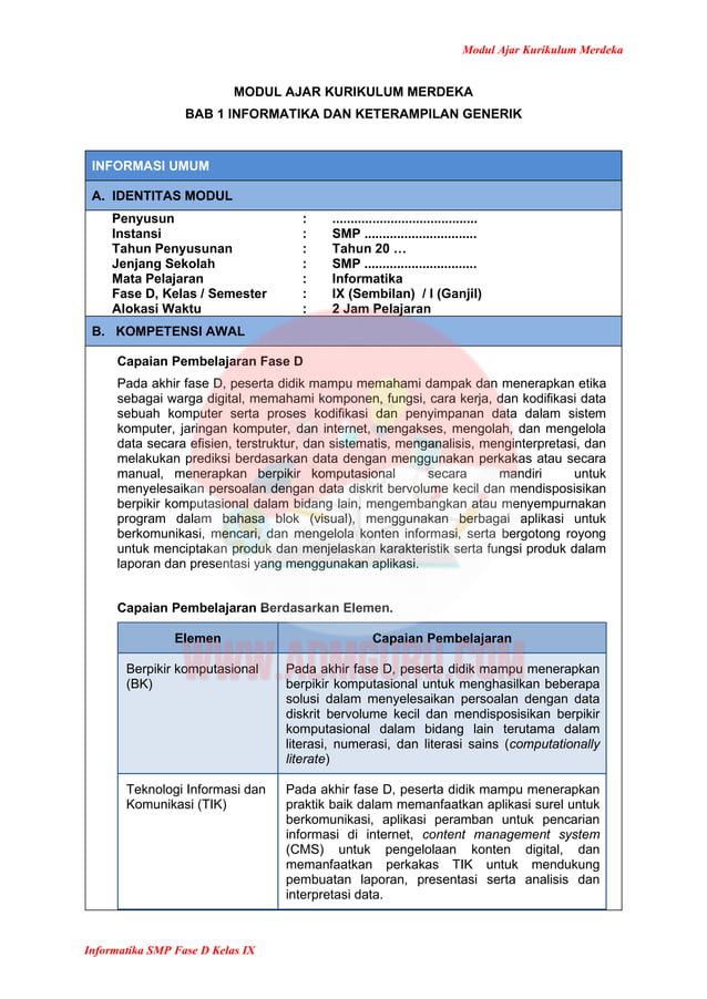 Modul Ajar Informatika Kelas 9 Kurikulum Merdeka | PDF
