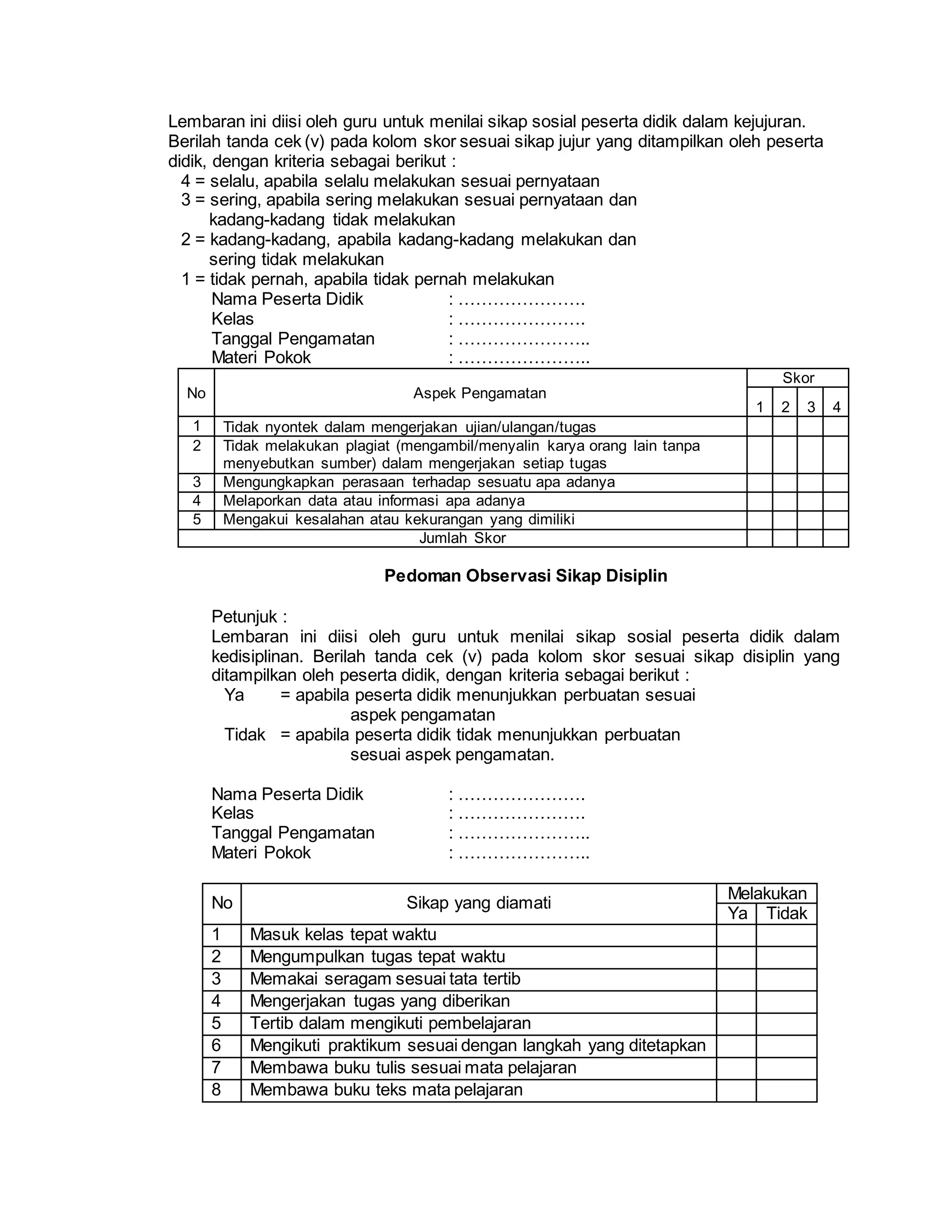 Contoh instrumen beserta rubrik penilaian | DOCX