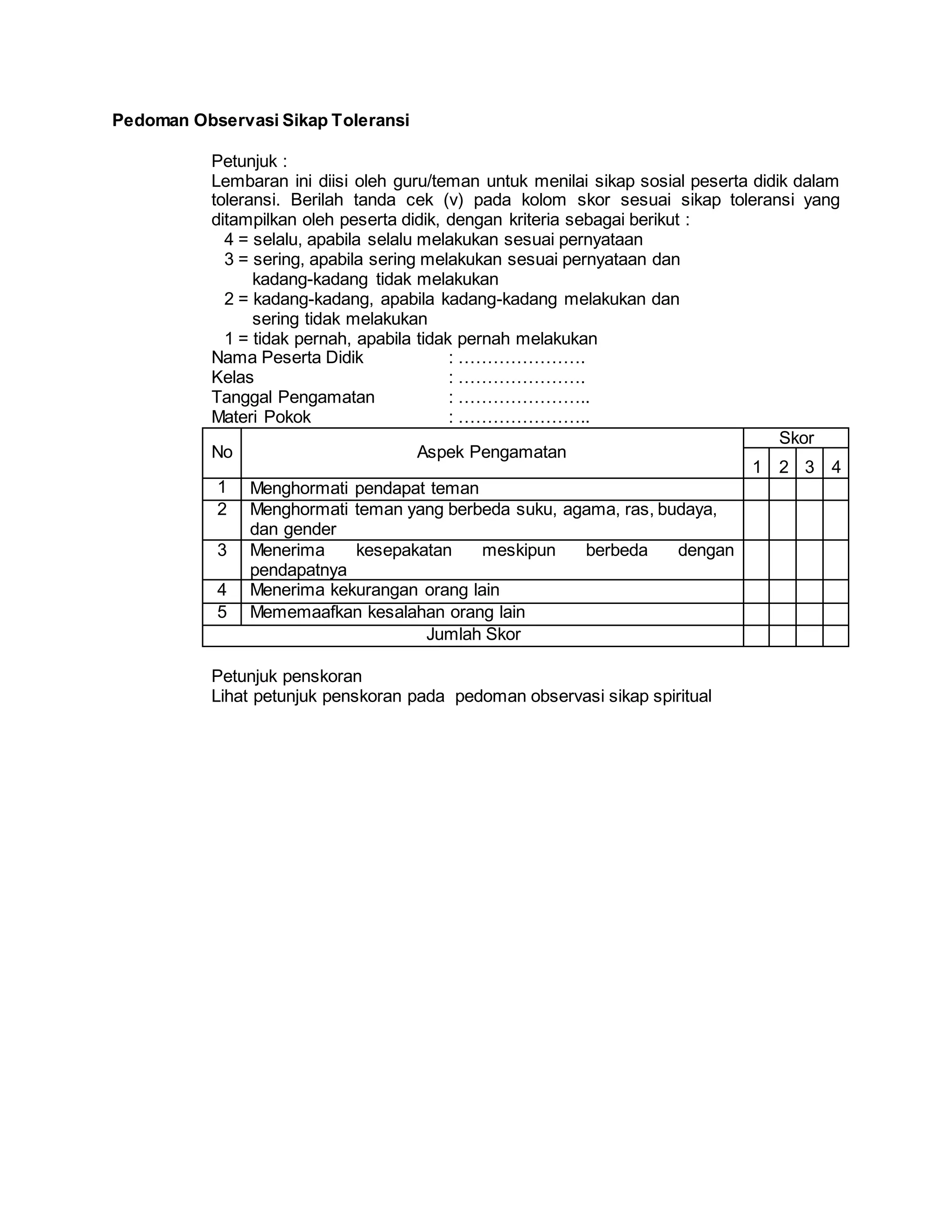 Contoh instrumen beserta rubrik penilaian | DOCX