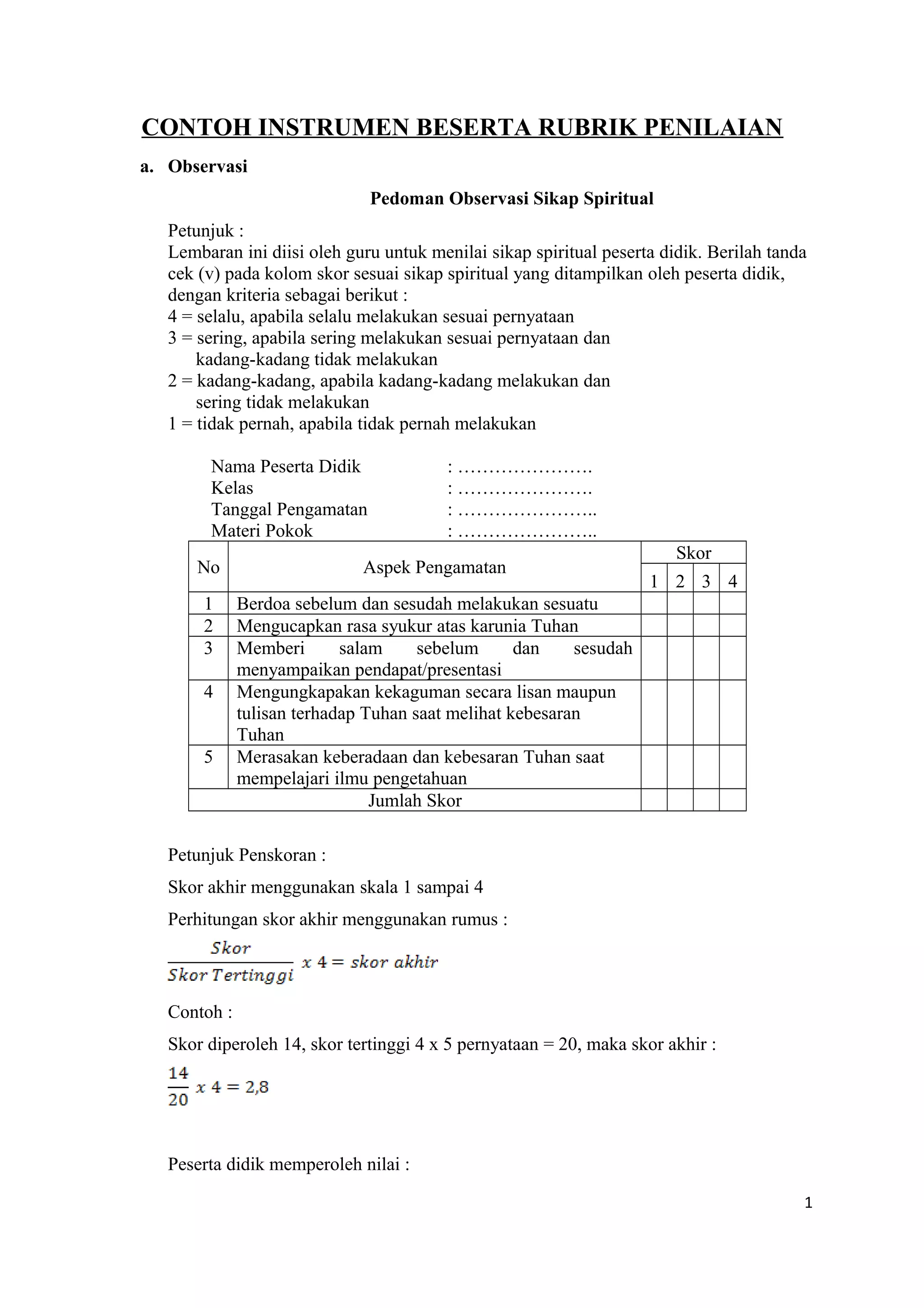 Contoh instrumen dan rubrik penilaian | DOC