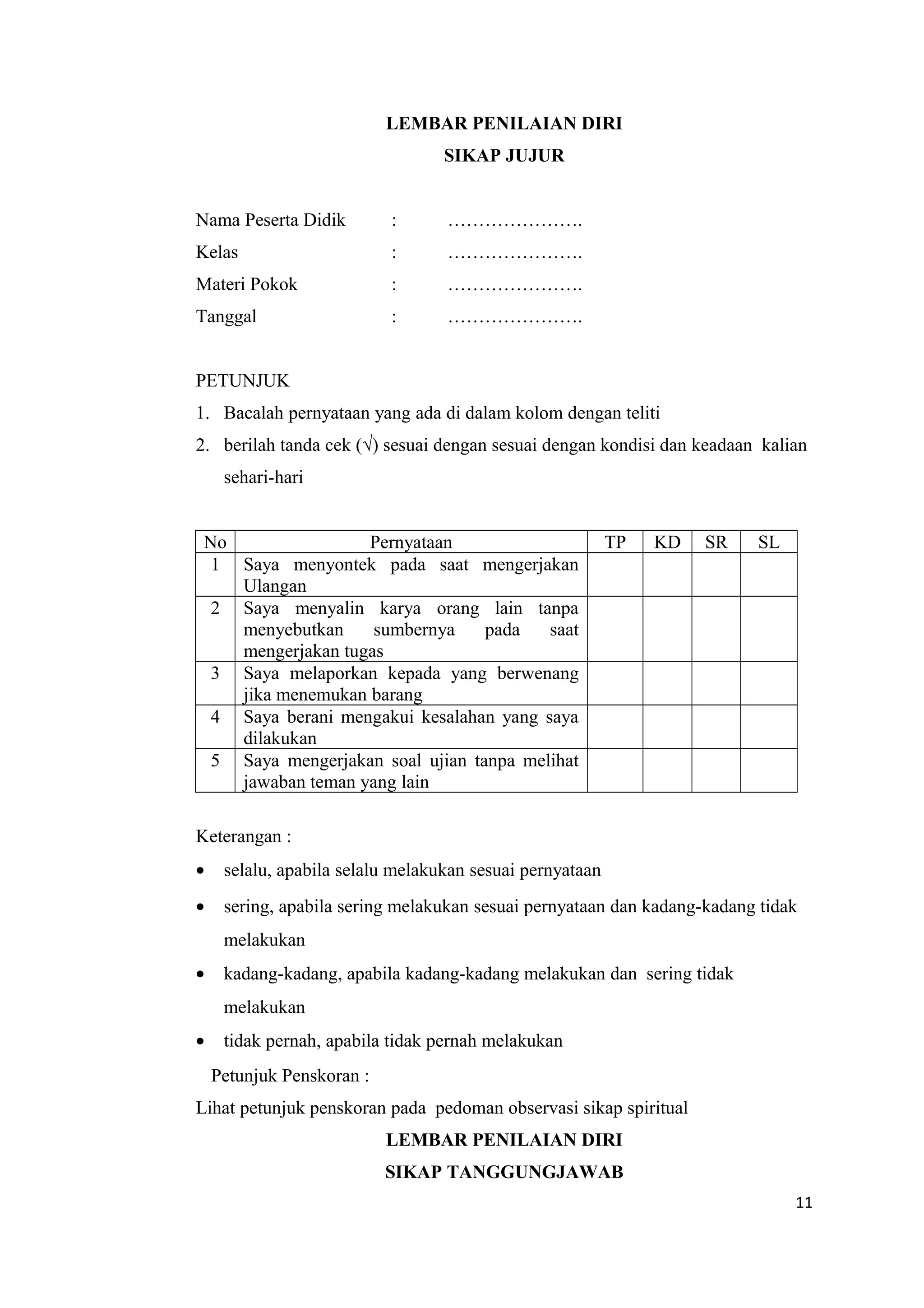 Contoh instrumen dan rubrik penilaian | DOC