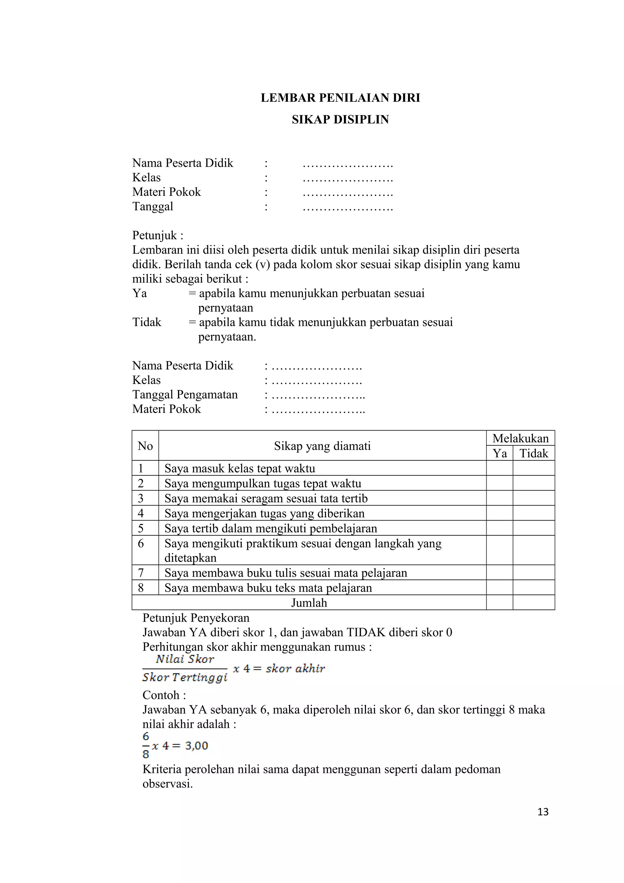 Contoh instrumen dan rubrik penilaian | DOC