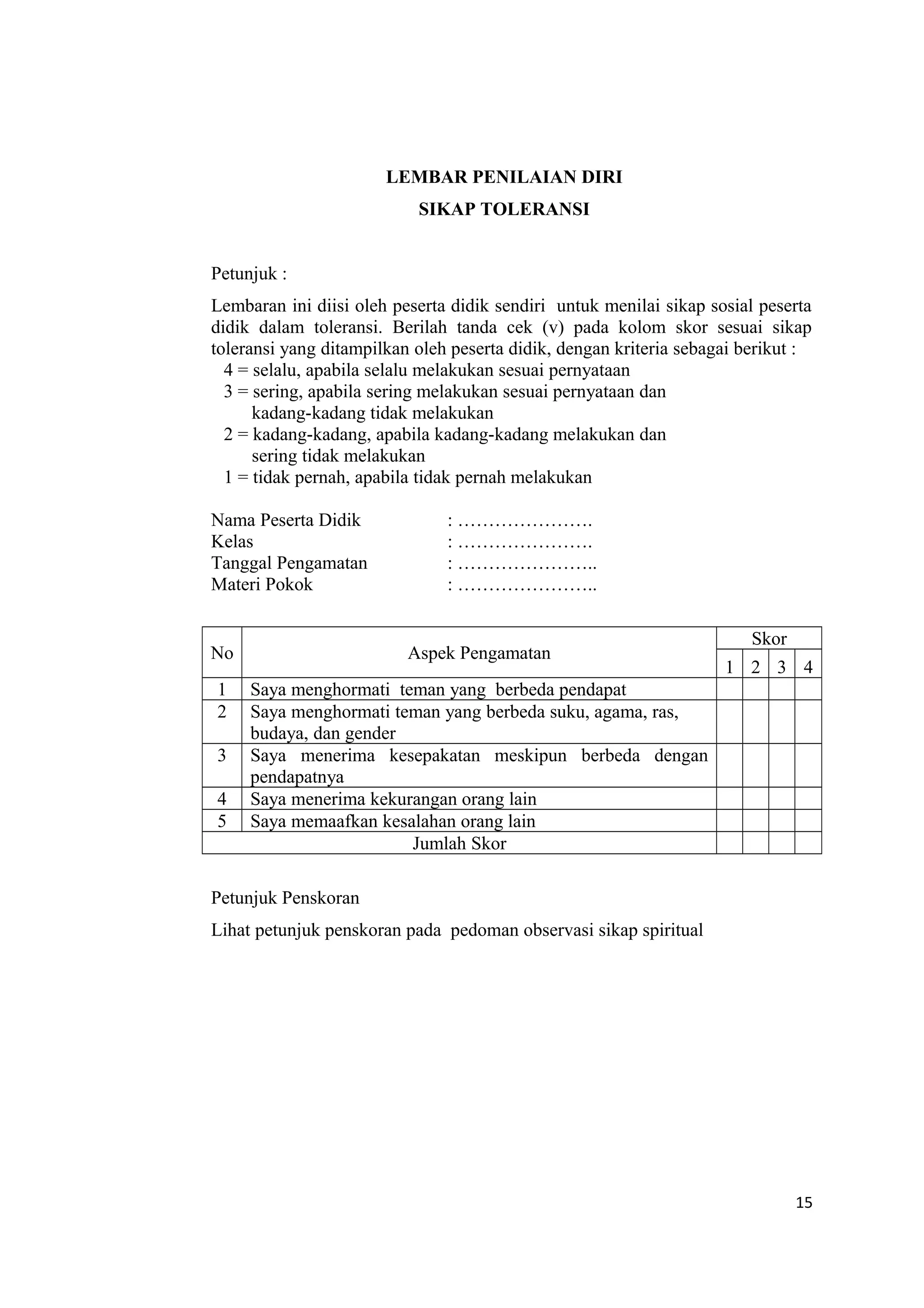 Contoh instrumen dan rubrik penilaian | DOC
