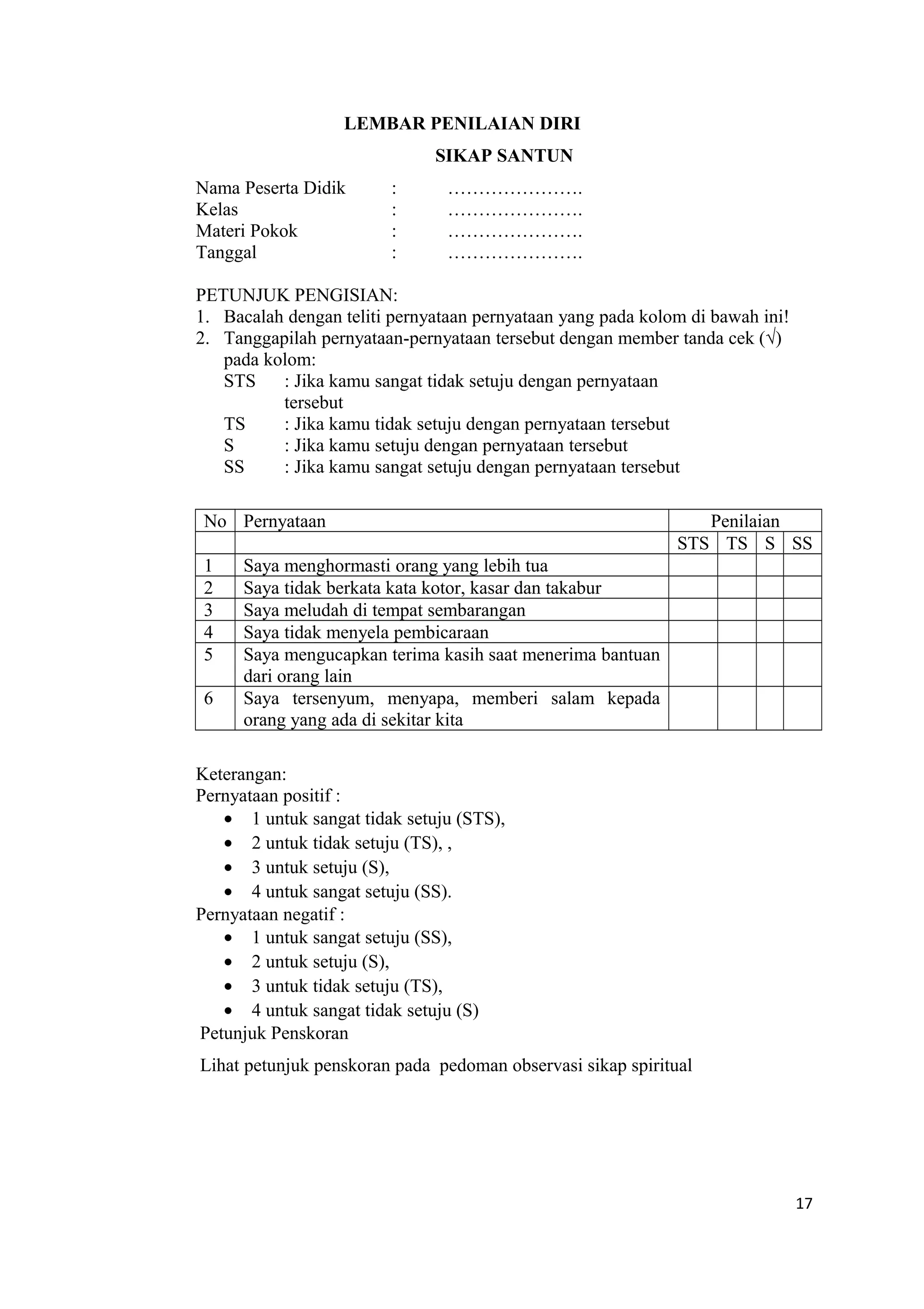 Contoh instrumen dan rubrik penilaian | DOC