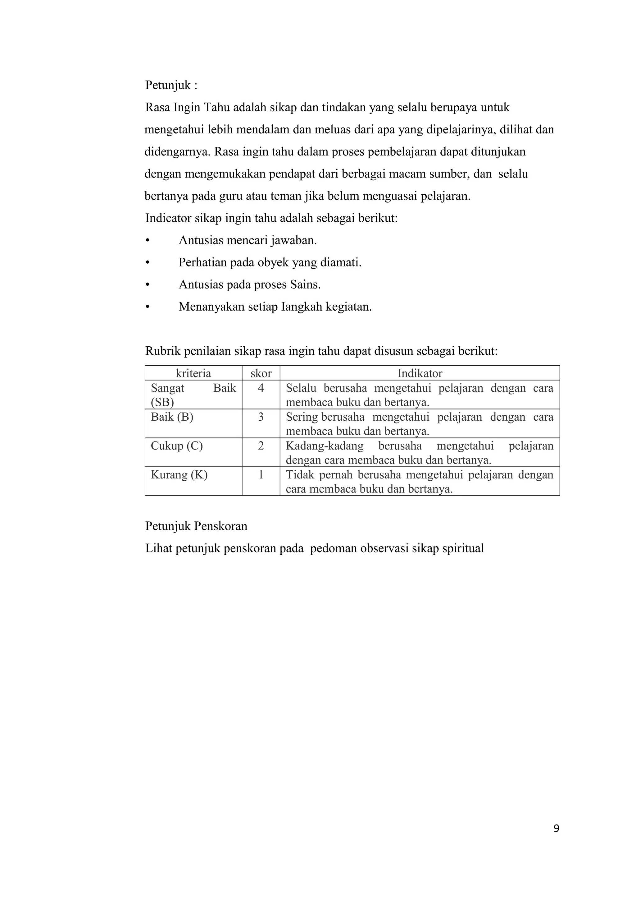 Contoh instrumen dan rubrik penilaian | DOC