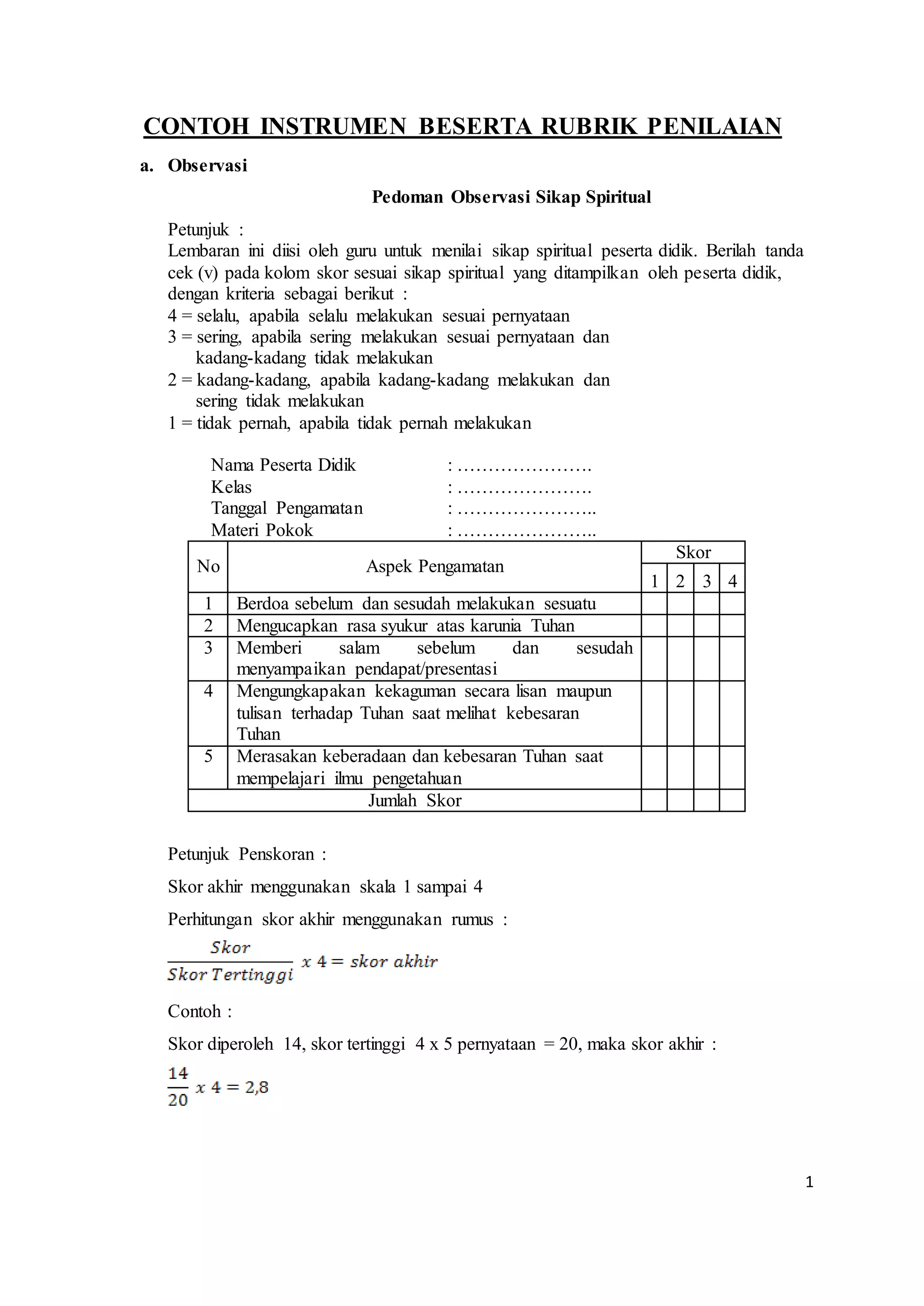 Contoh instrumen dan rubrik penilaian | DOC