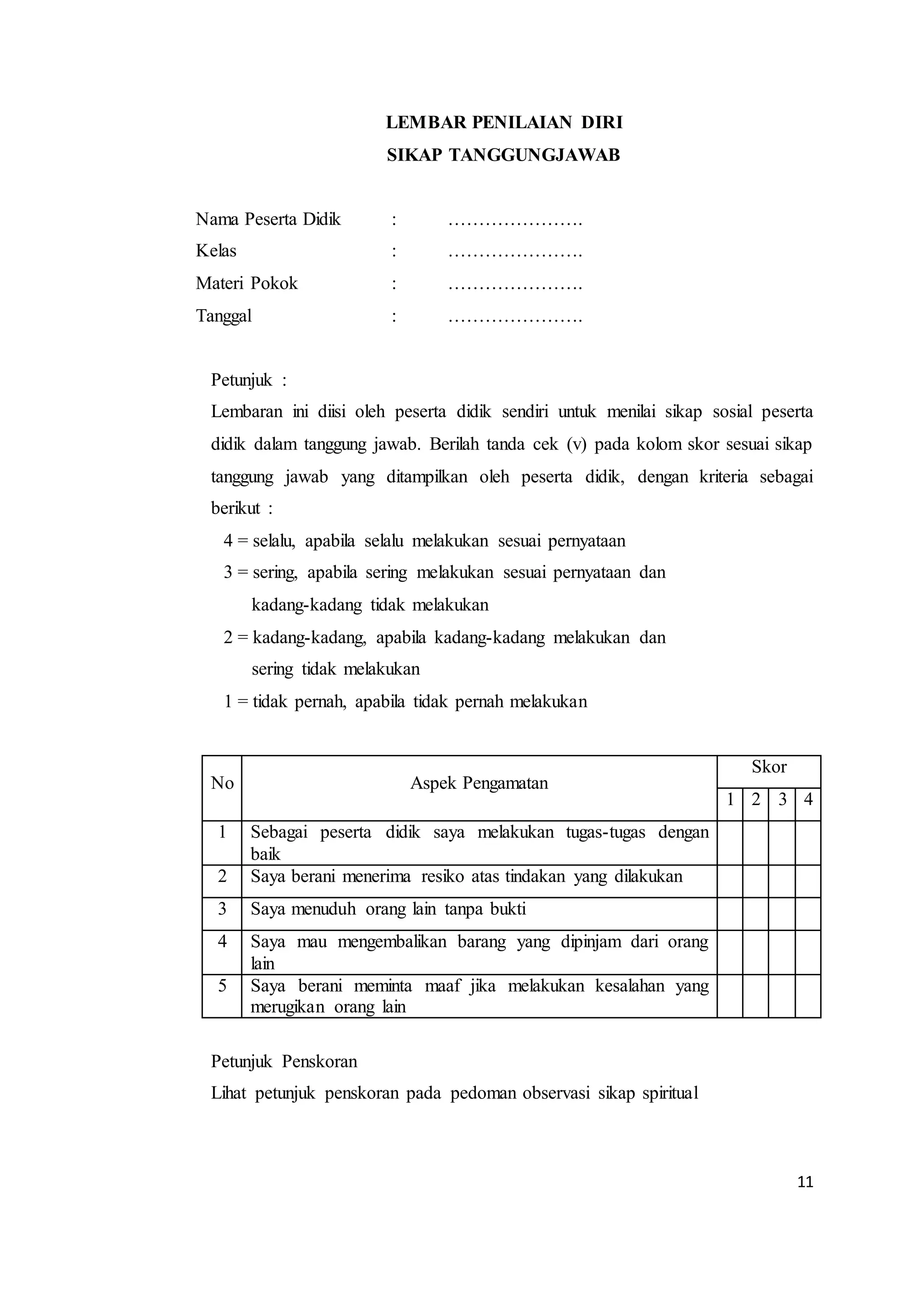 Contoh instrumen dan rubrik penilaian | DOC