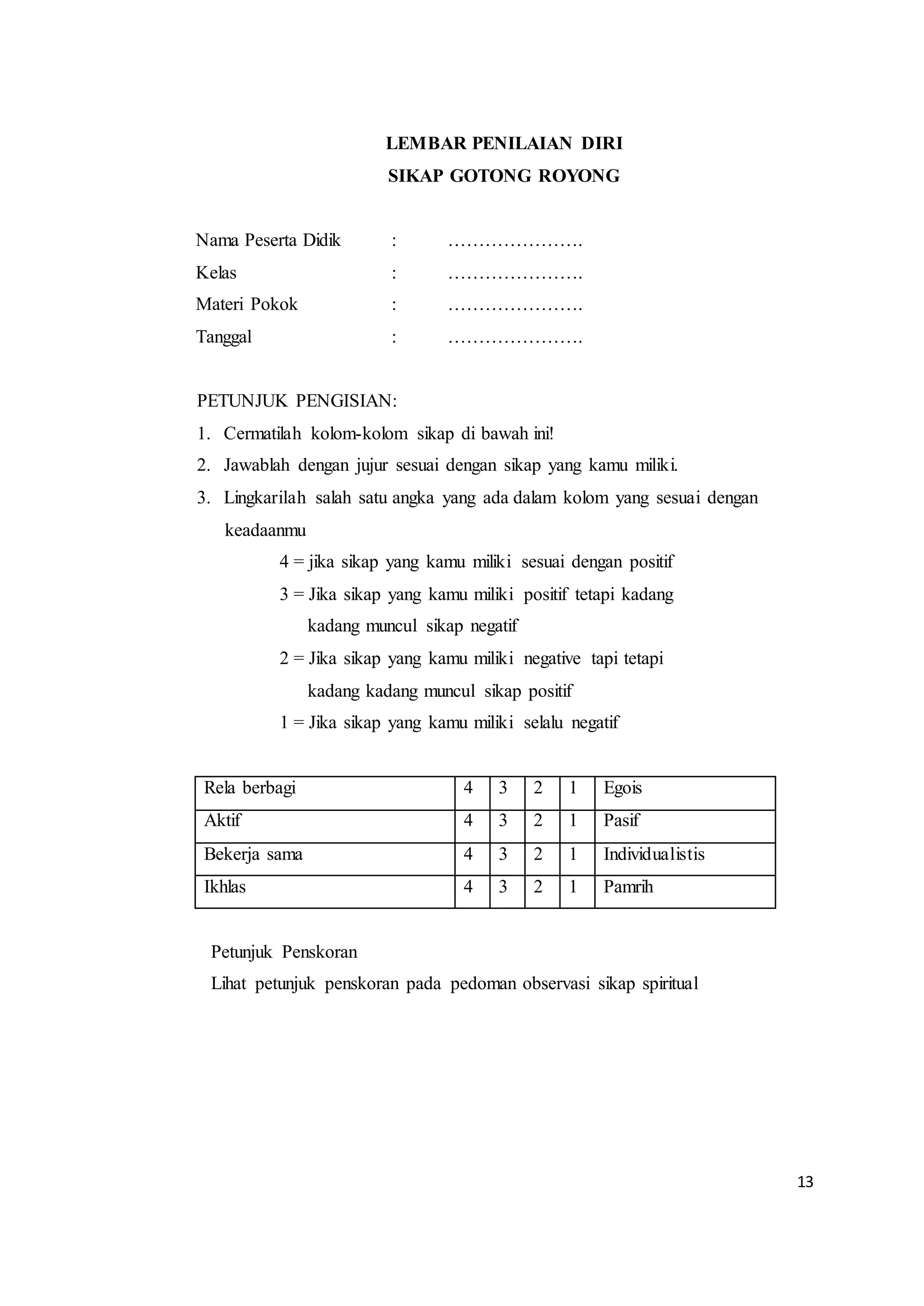 Contoh instrumen dan rubrik penilaian | DOC