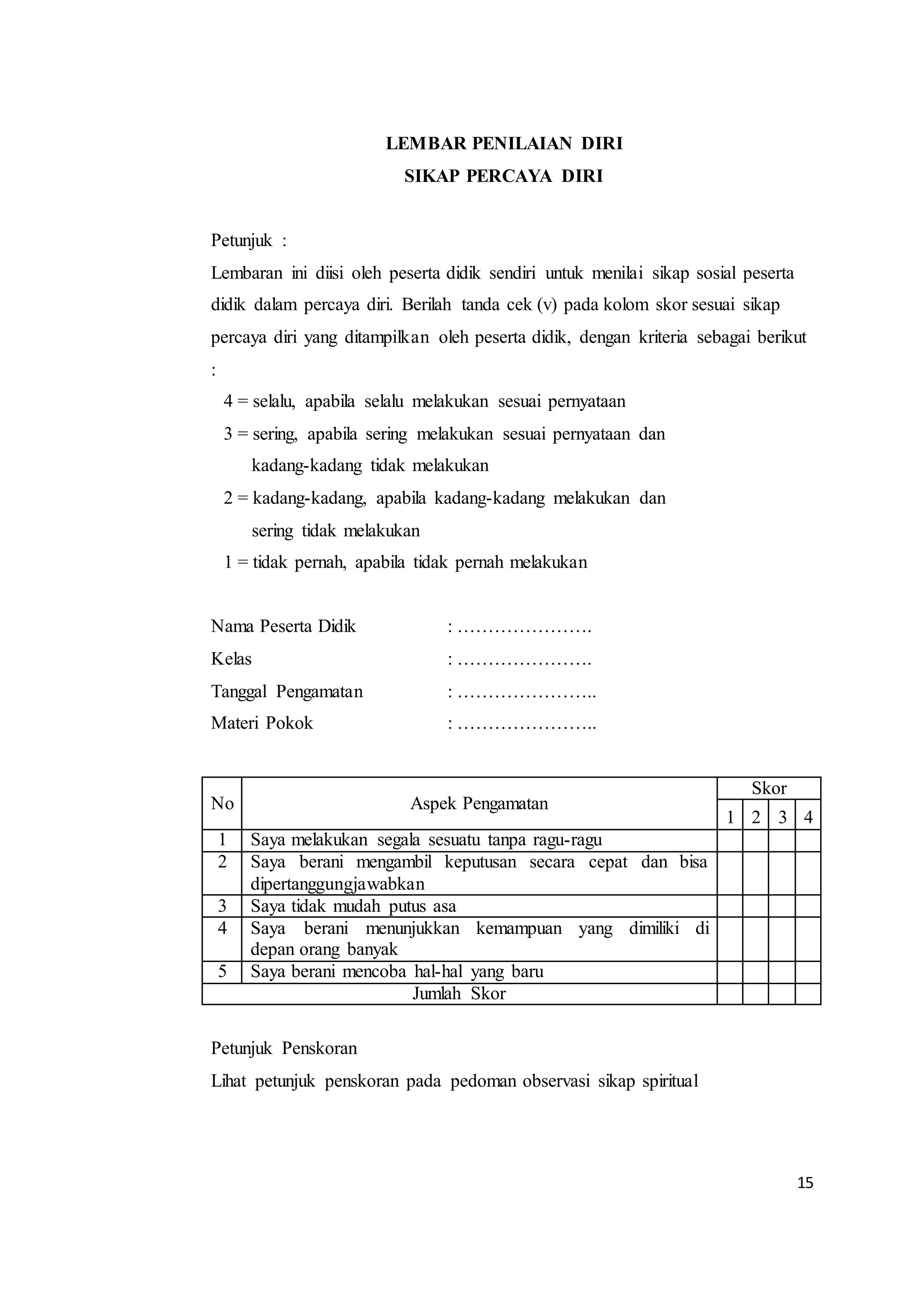 Contoh instrumen dan rubrik penilaian | DOC