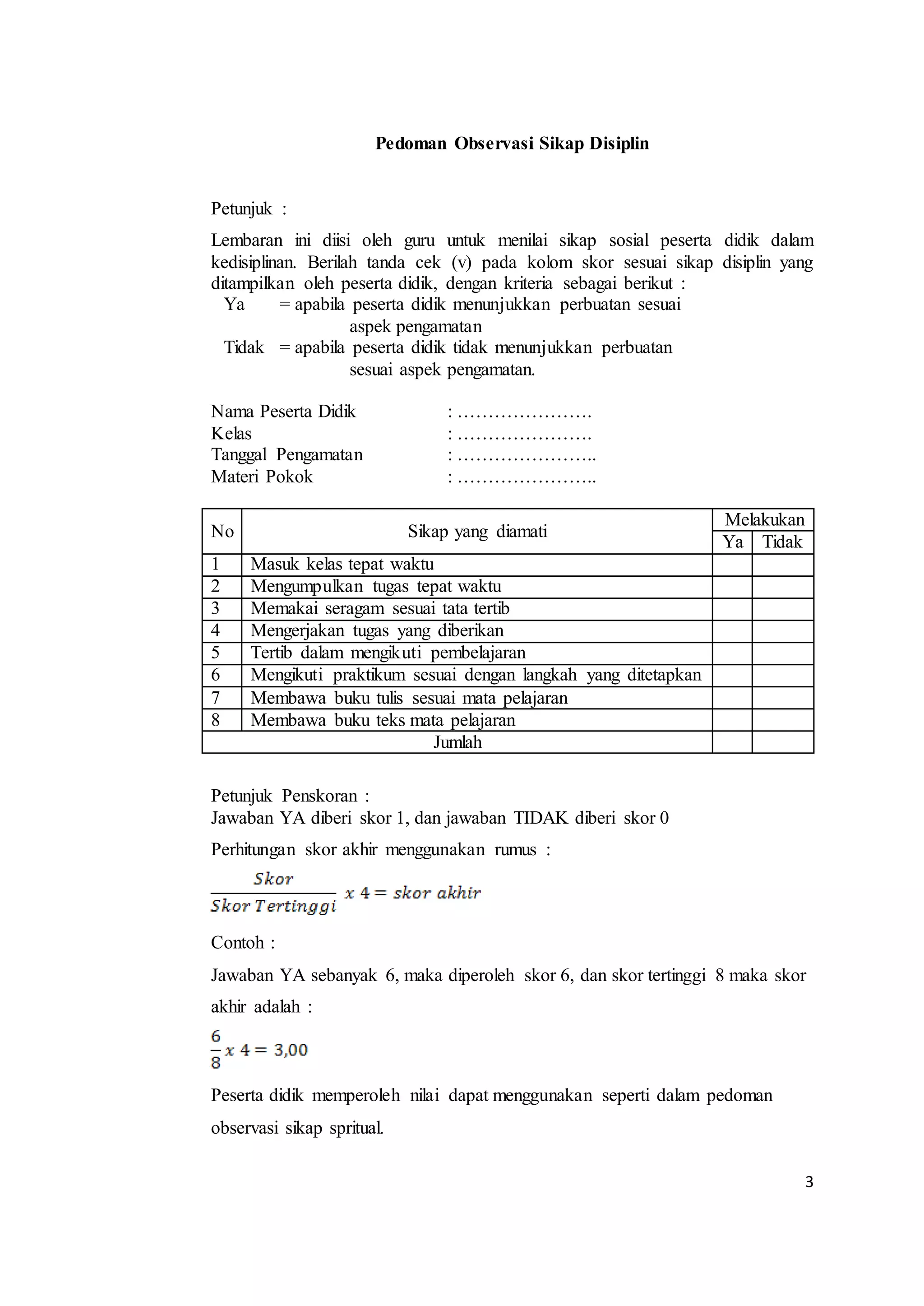 Contoh instrumen dan rubrik penilaian | DOC