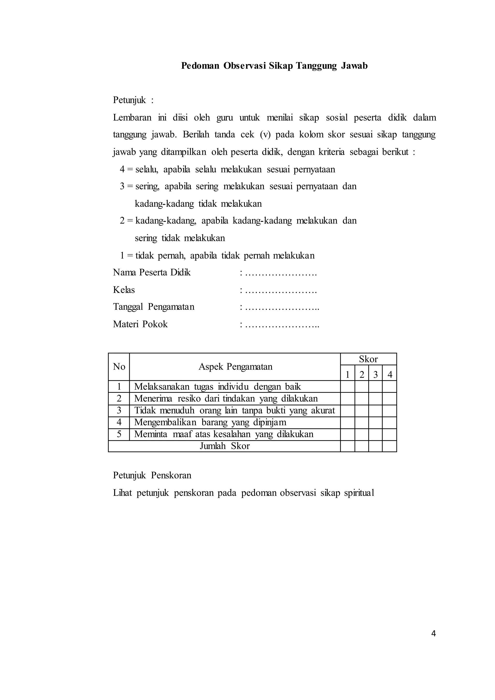 Contoh instrumen dan rubrik penilaian | DOC