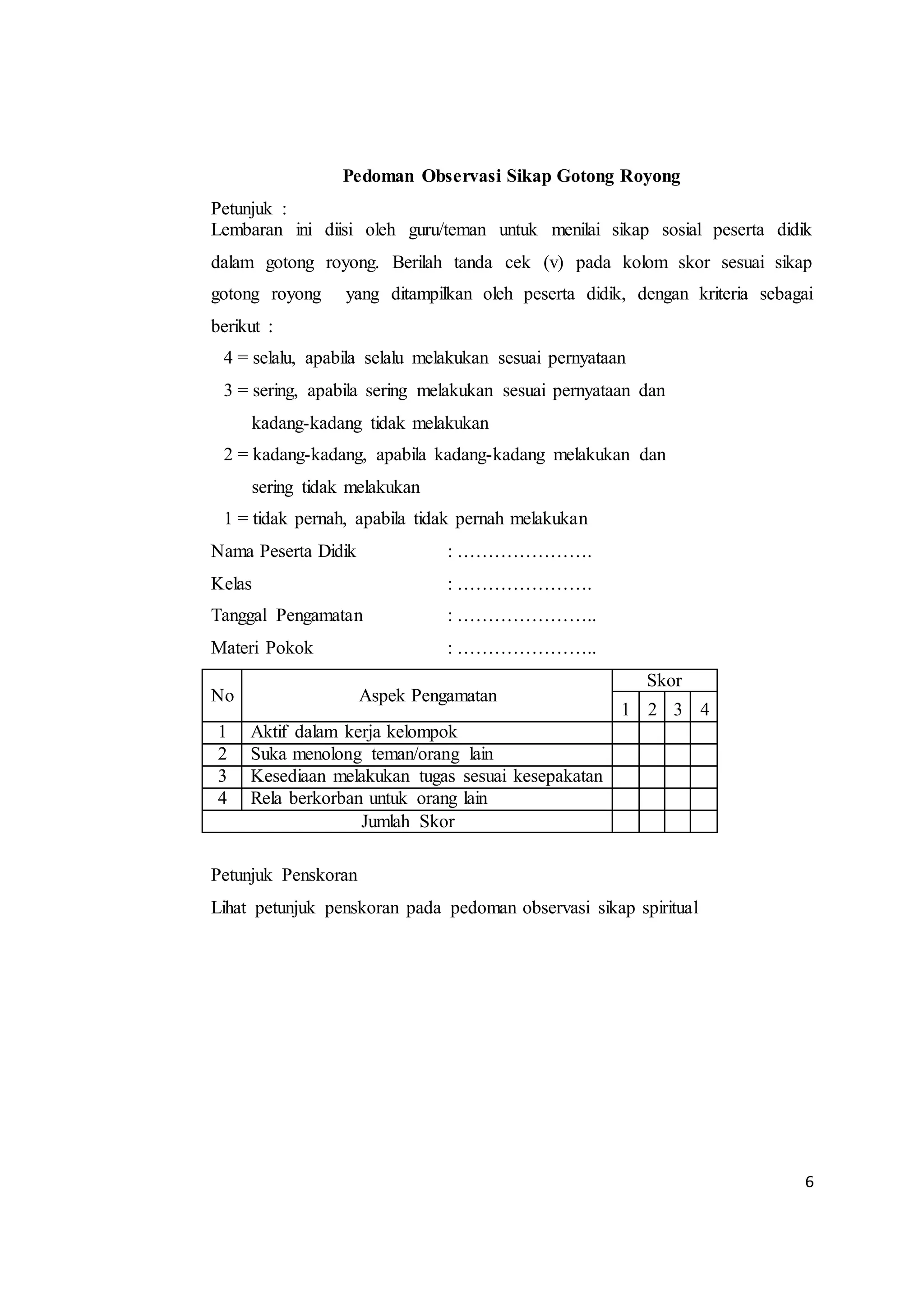 Contoh instrumen dan rubrik penilaian | DOC