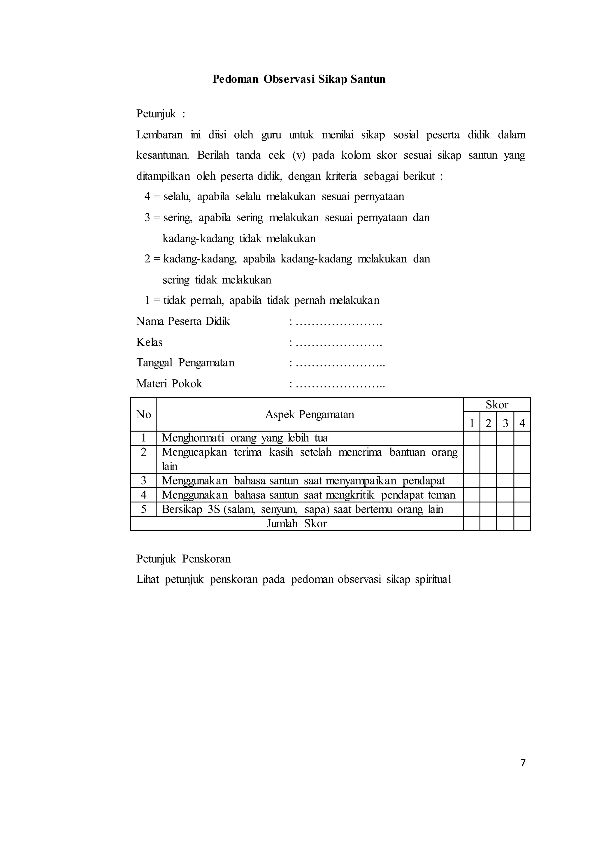 Contoh instrumen dan rubrik penilaian | DOC