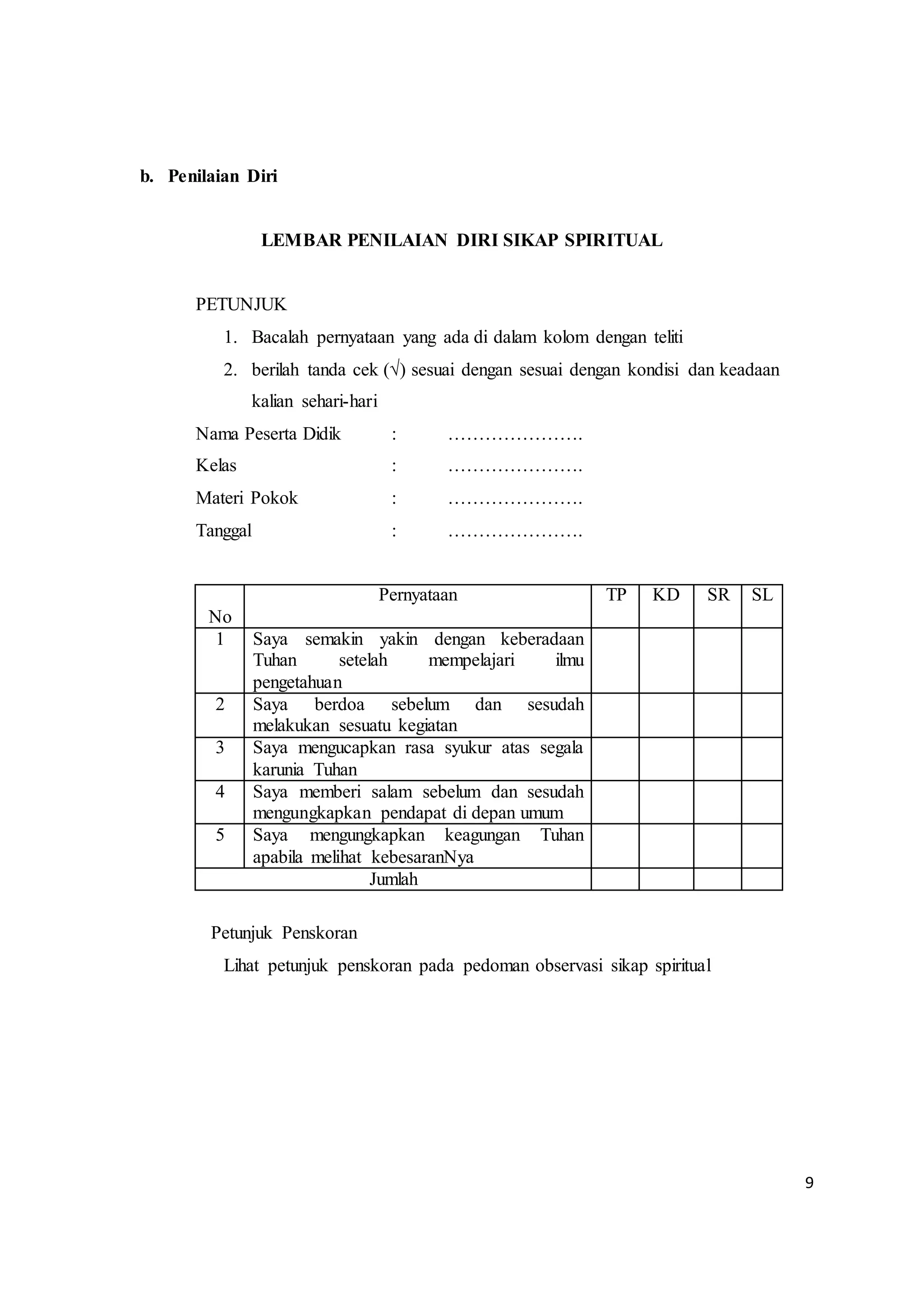 Contoh instrumen dan rubrik penilaian | DOC