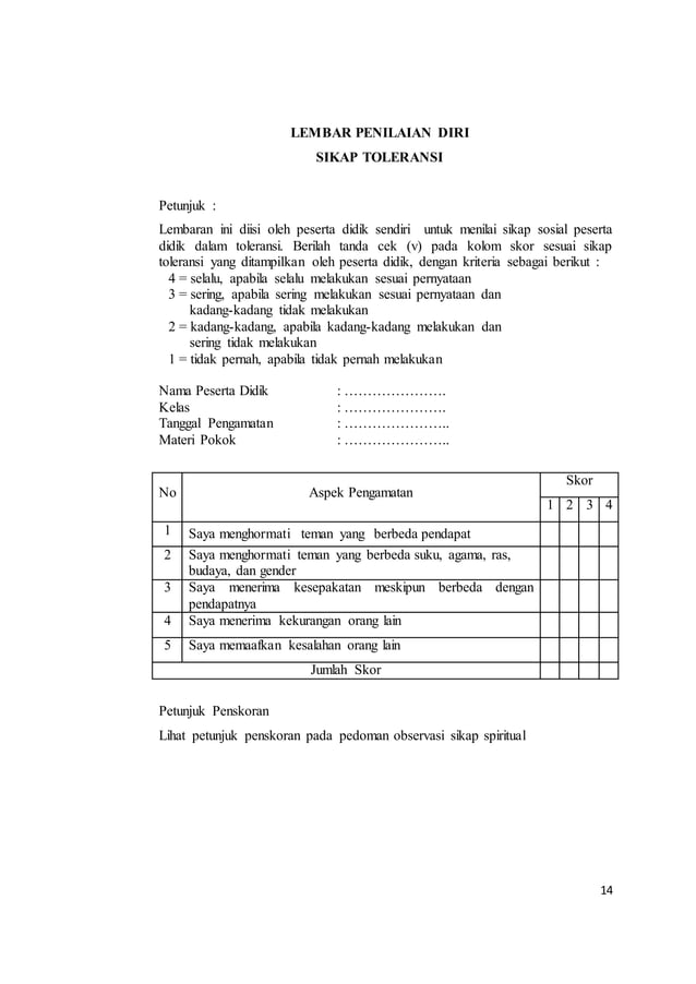 Contoh instrumen dan rubrik penilaian | DOC
