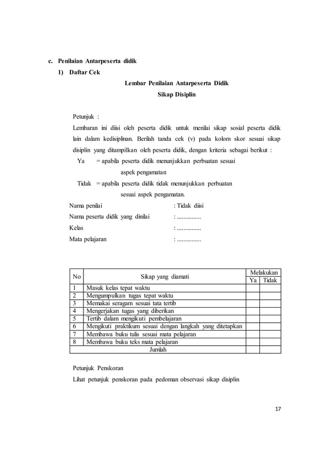 Contoh instrumen dan rubrik penilaian | DOC
