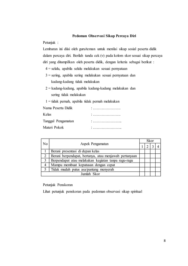 Contoh instrumen dan rubrik penilaian | DOC