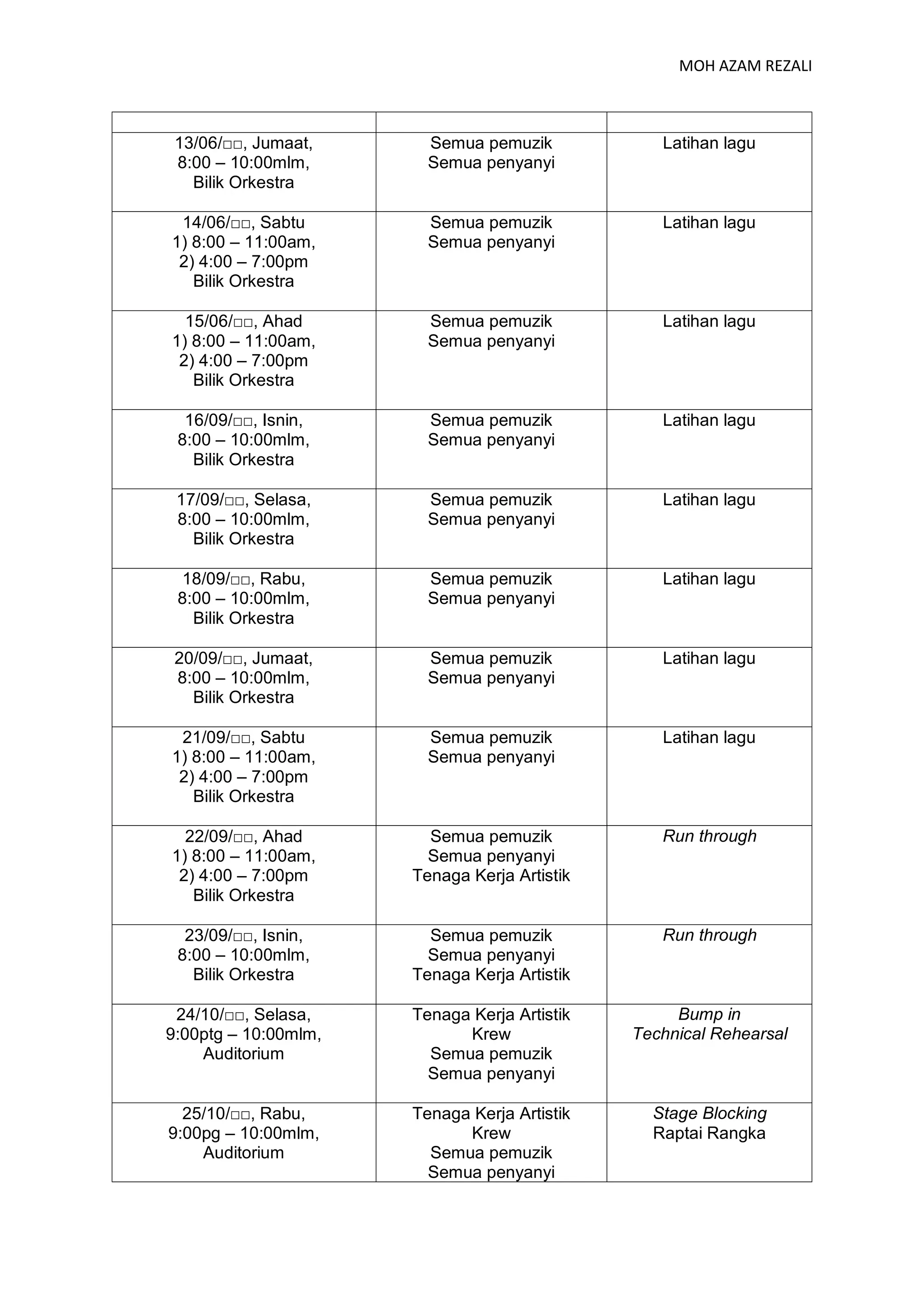 Contoh jadual latihan muzik | PDF