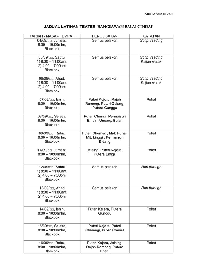 Contoh jadual latihan teater | PDF