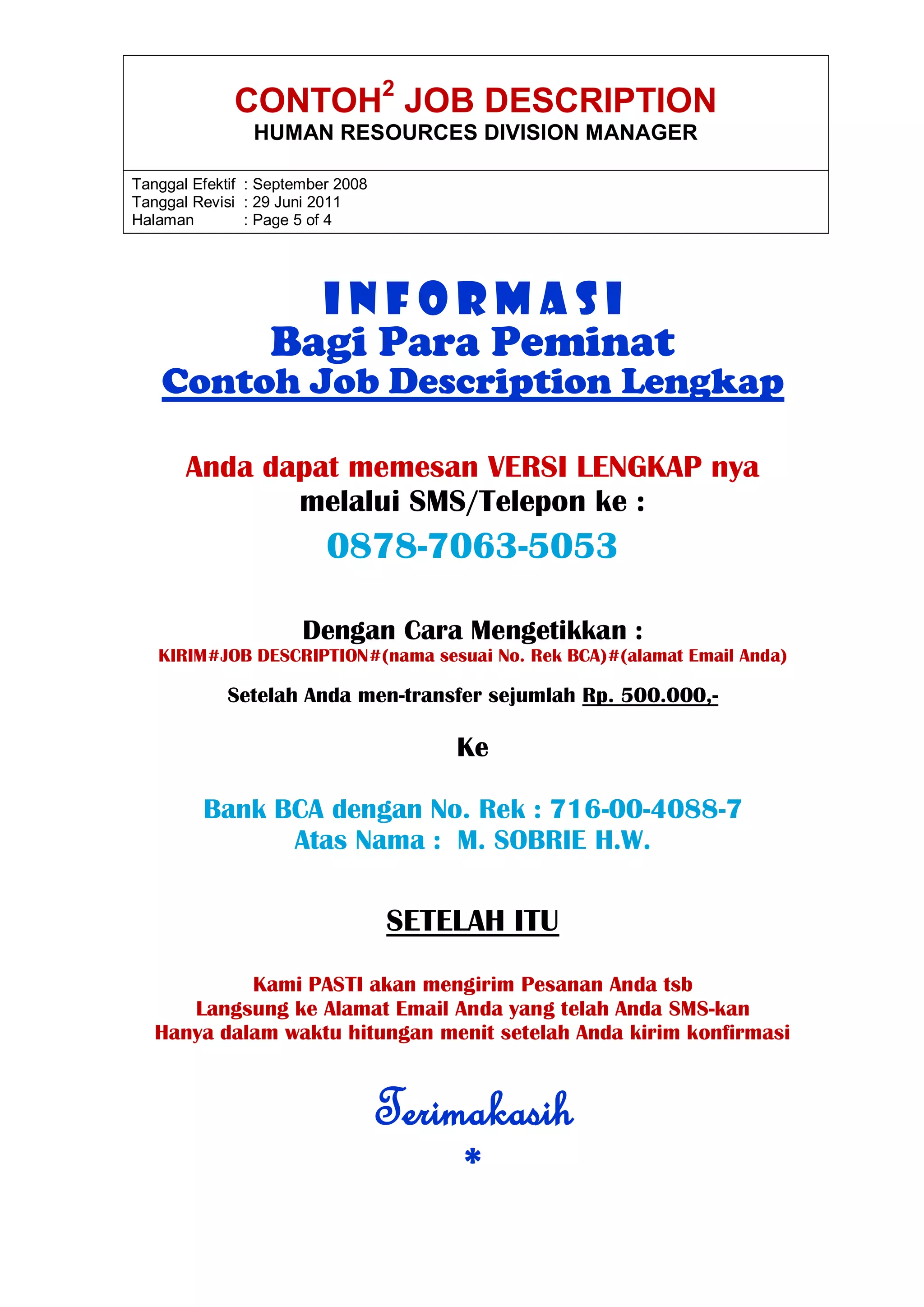 Contoh/Template JOB DESC dalam Perusahaan | PDF