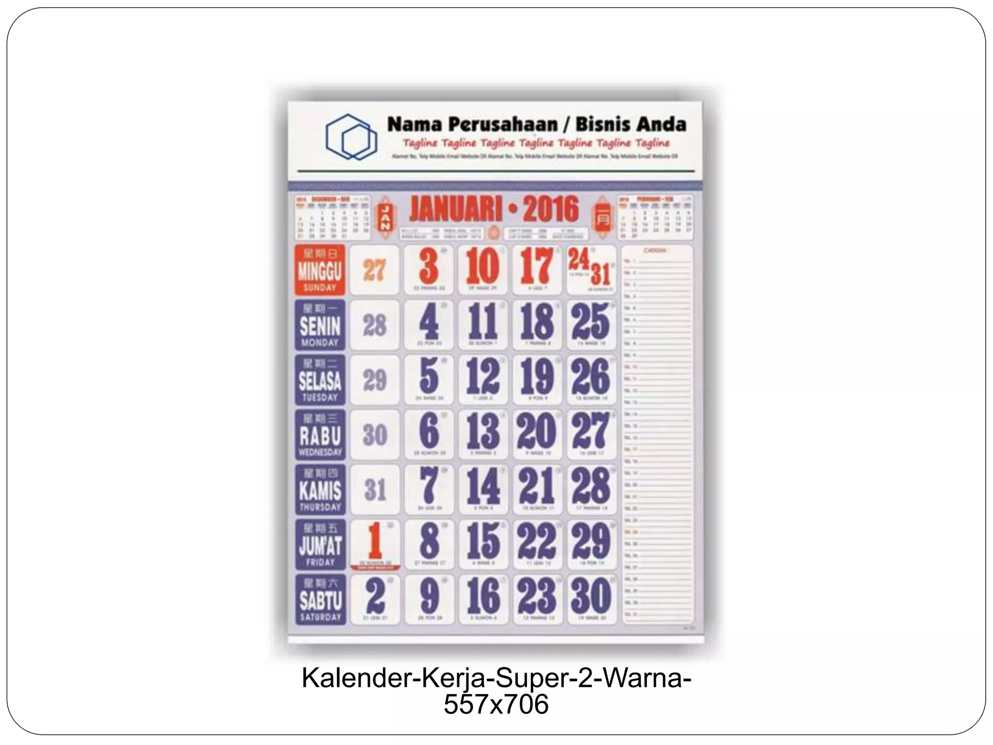 Contoh kalender kerja banyak pilihan desain | PPTX