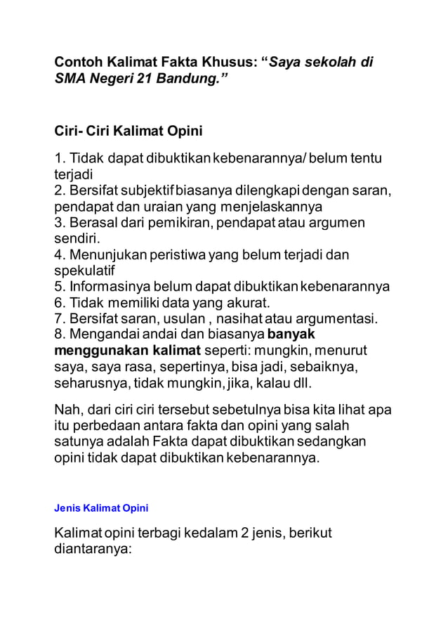 Contoh kalimat fakta dan opini | PDF