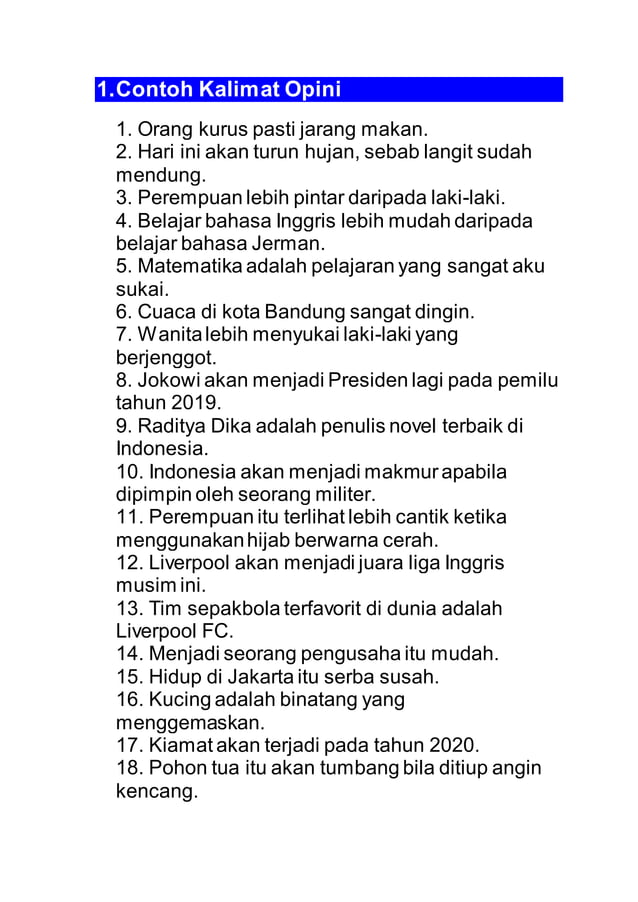 Contoh kalimat fakta dan opini | PDF