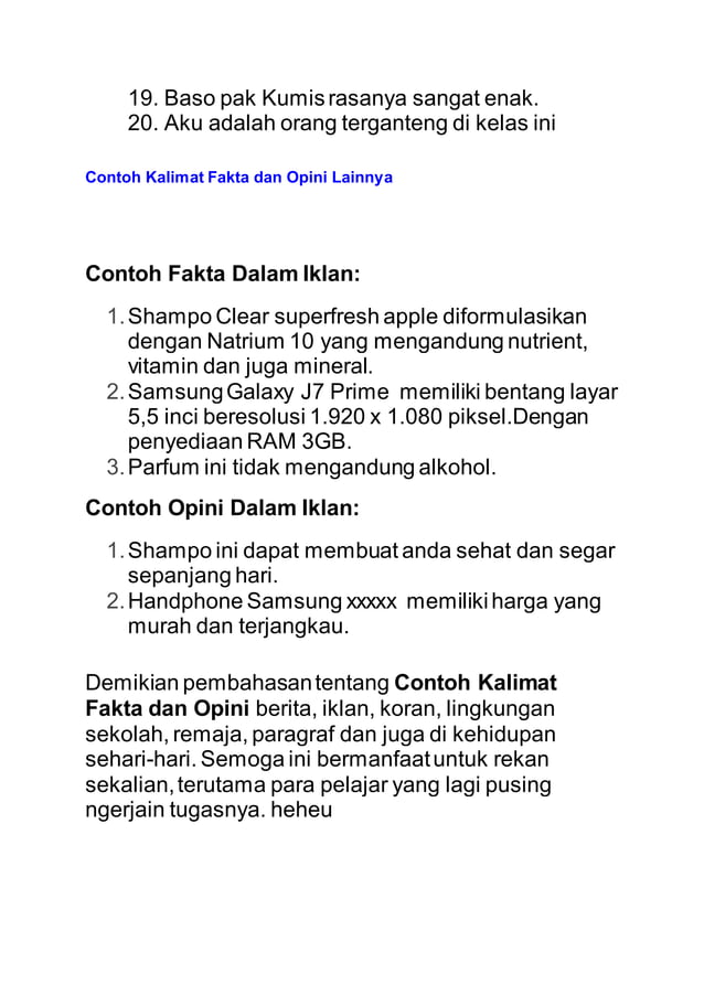 Contoh kalimat fakta dan opini | PDF