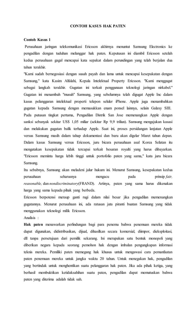 Contoh kasus hak paten | DOCX