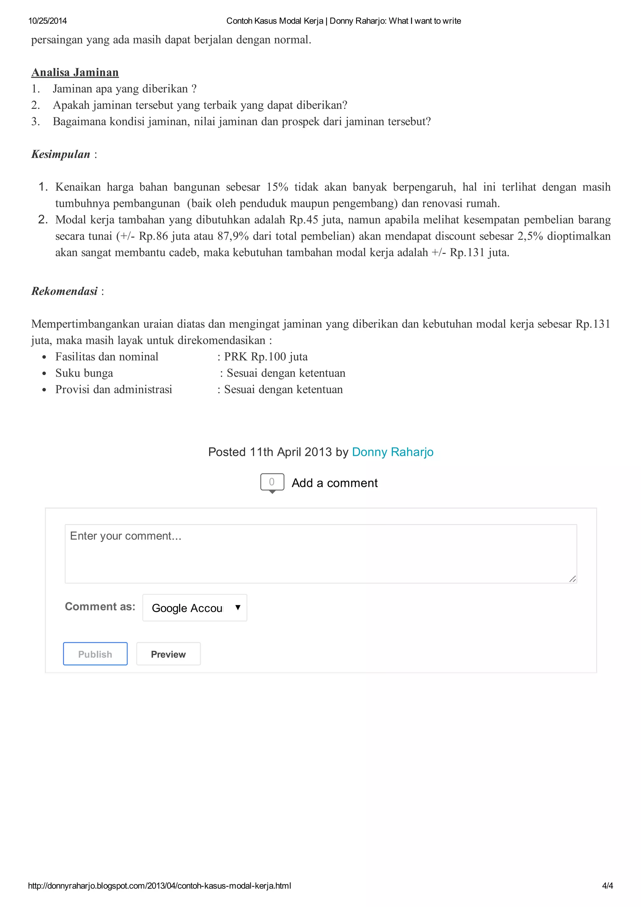 Contoh kasus modal kerja donny raharjo what i want to write | PDF