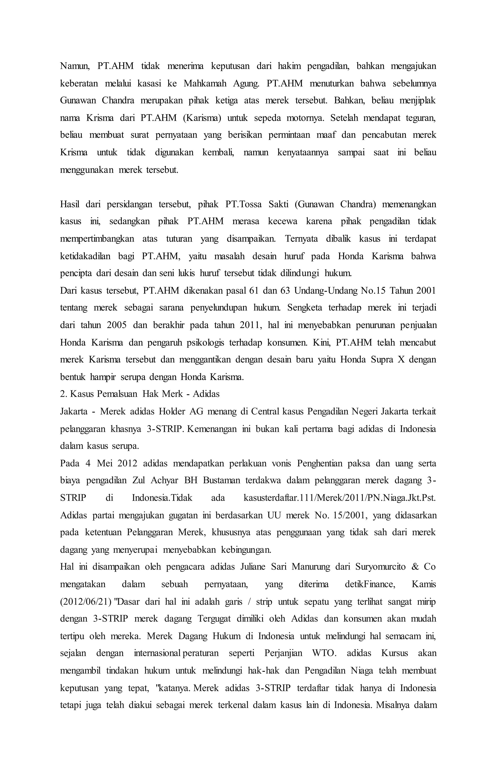 Contoh kasus pelanggaran hak merek | DOCX