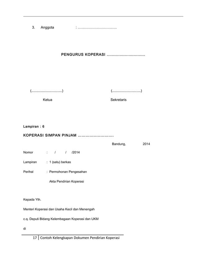 Contoh kelengkapan dokumen untuk pendirian koperasi | DOC