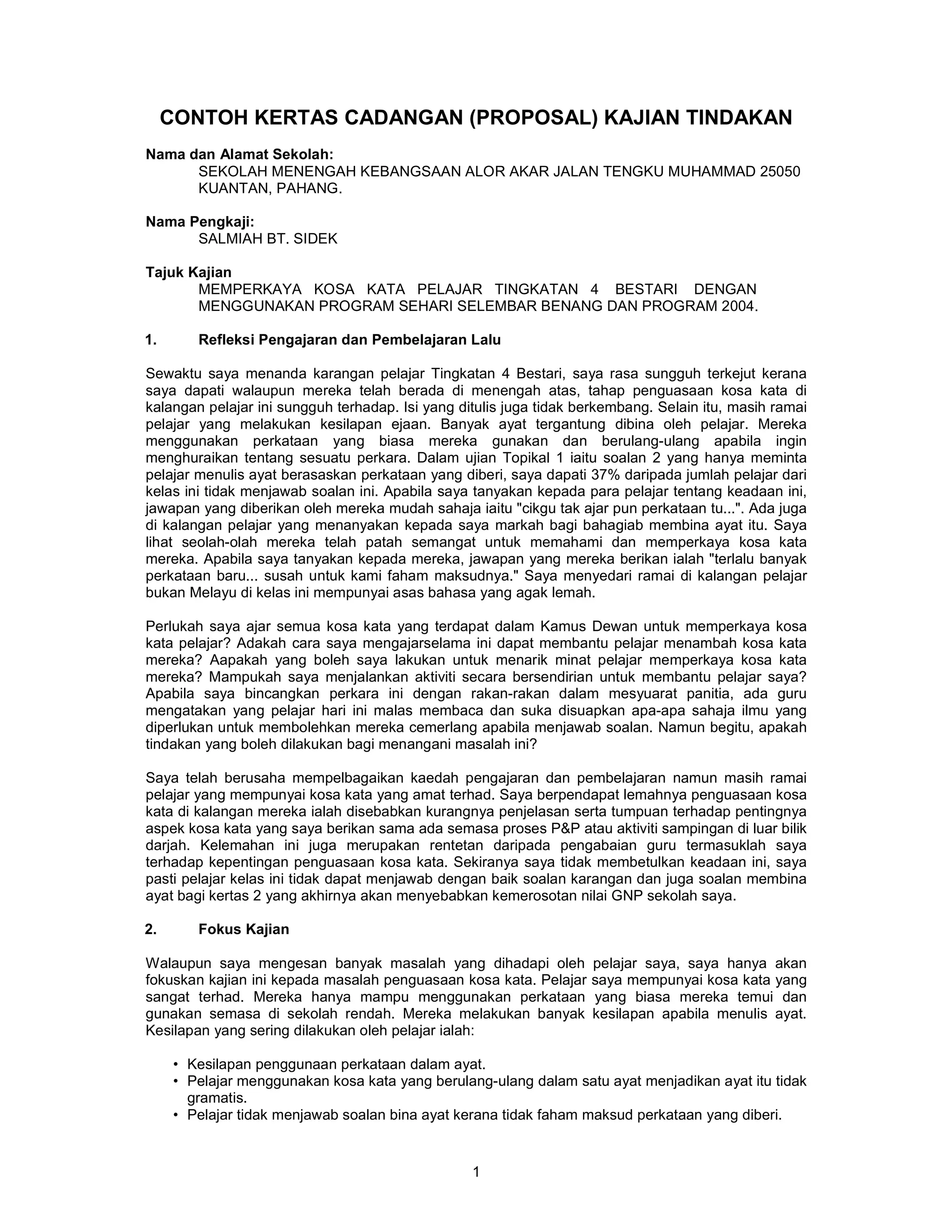 Contoh Kertas Cadangan Kajian Ttindakan | PDF