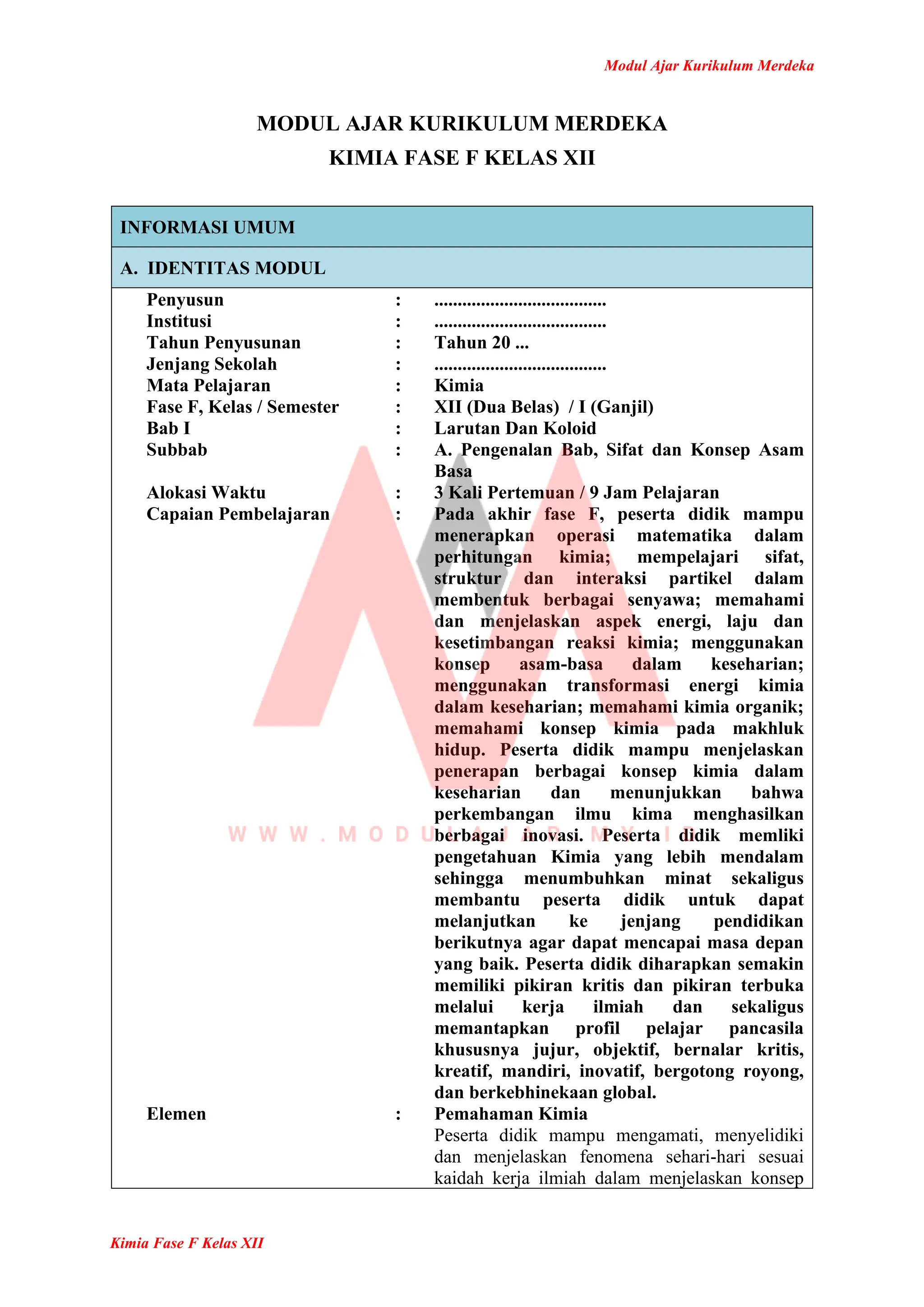 Modul Ajar Kimia Kelas 12 Kurikulum Merdeka | PDF