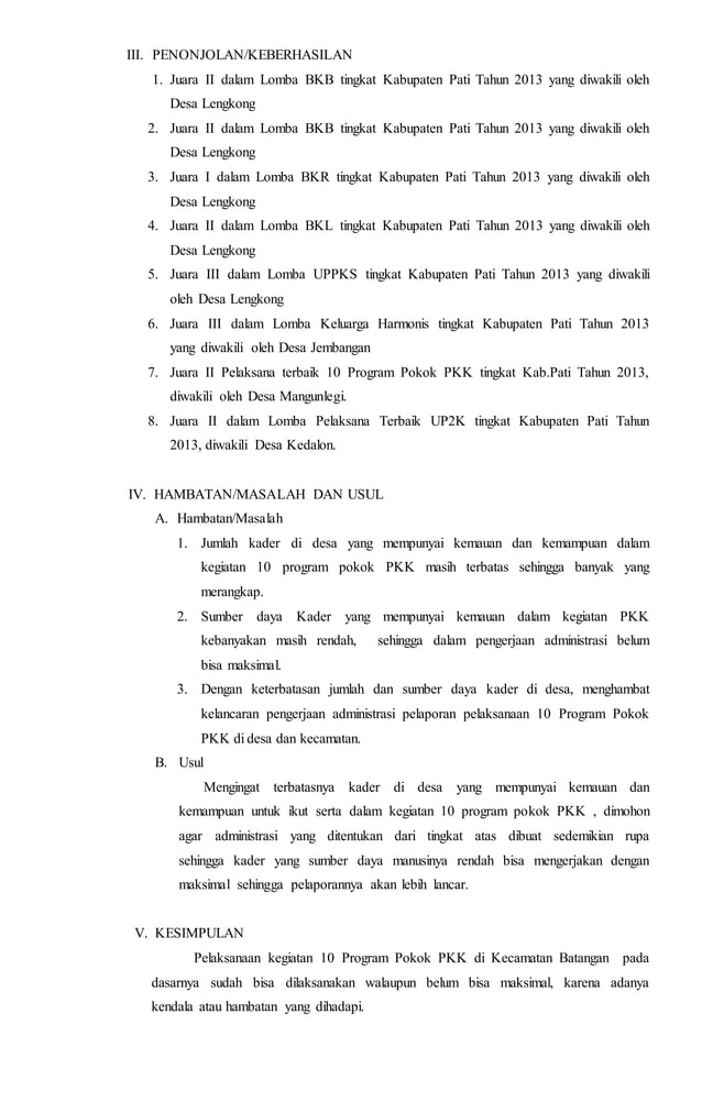 Contoh laporan pelaksanaan kegiatan 10 program pokok pkk