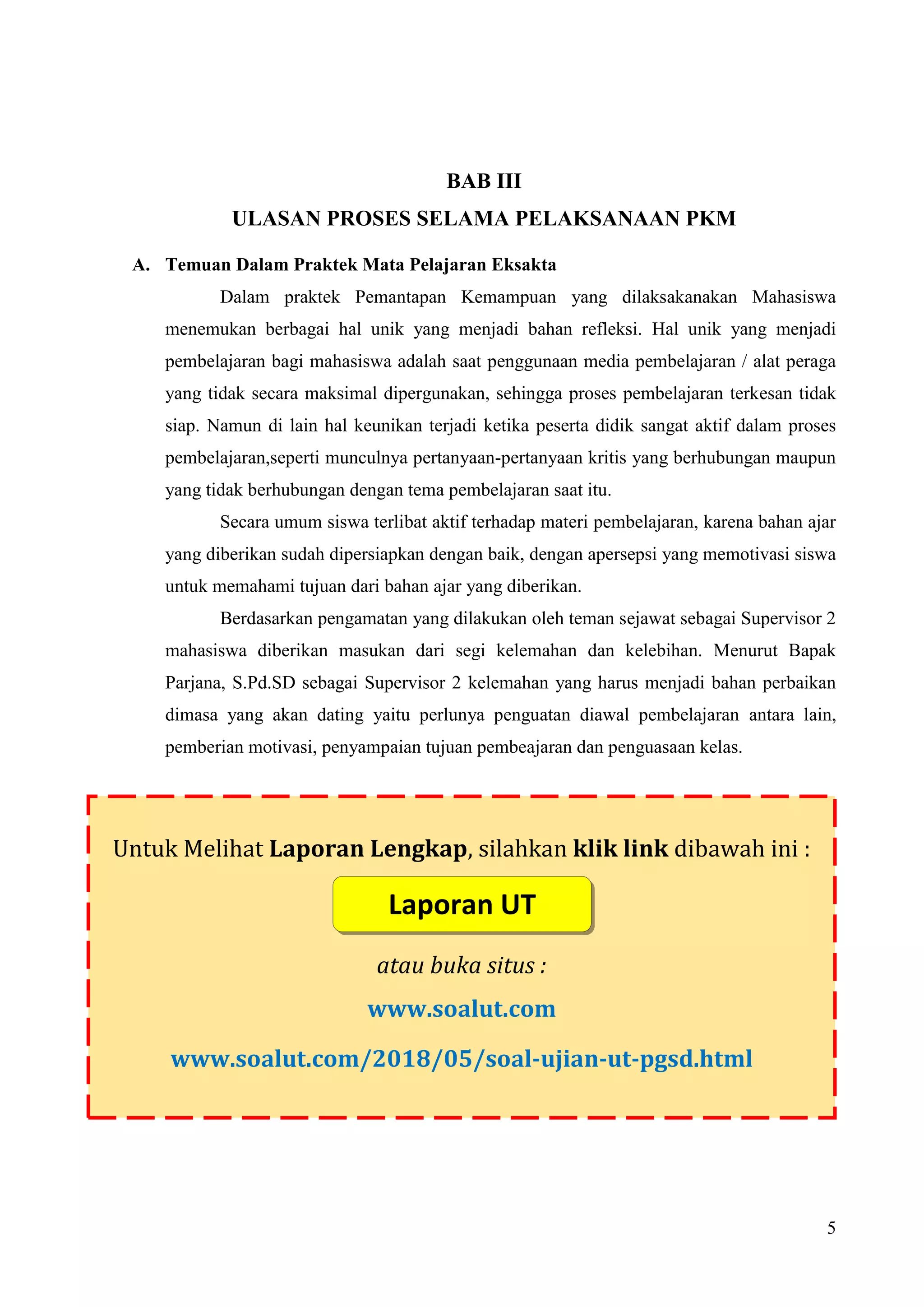 Contoh Laporan PKM UT PGSD - Pemantapan Kemampuan Mengajar PDGK4209 | PDF