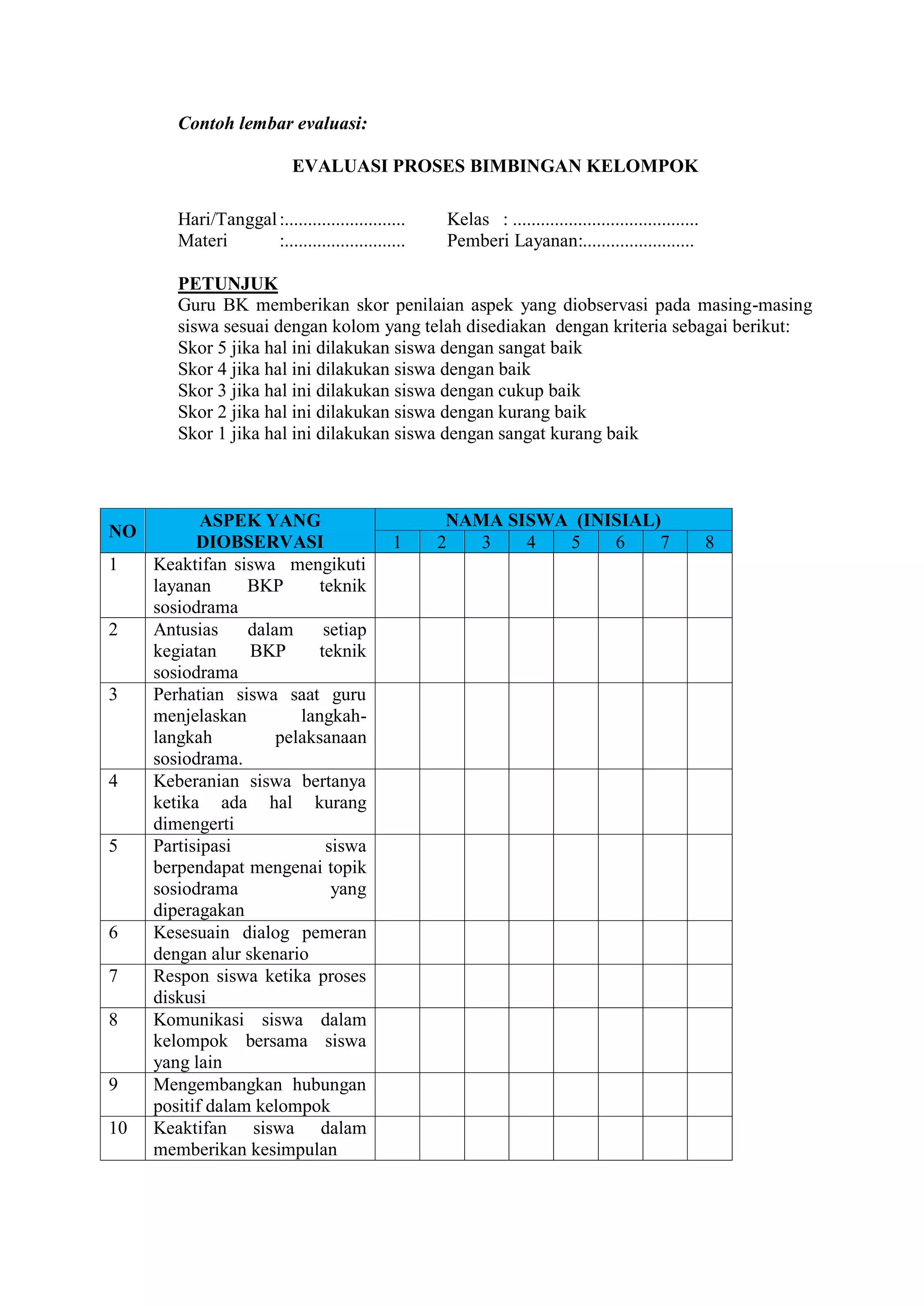 Contoh lembar instrumen evaluasi bkp | PDF